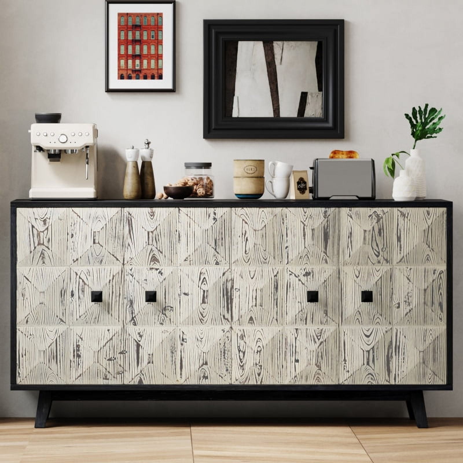 Stylish and Functional 4-Door Intaglio Storage Cabinet with Pine Legs, Solid Wood Pulls and MDF ...