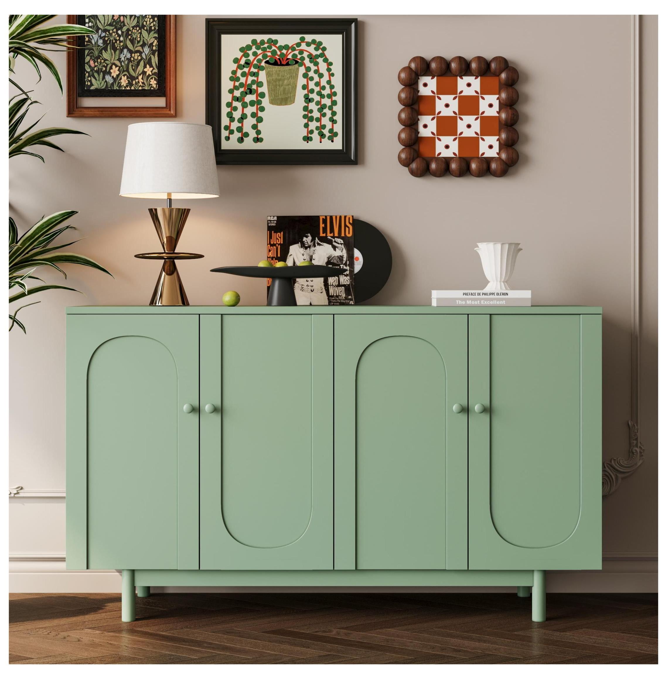 Stylish and Functional 4-Door Intaglio Storage Cabinet with Pine Legs, Solid Wood Pulls and MDF ...