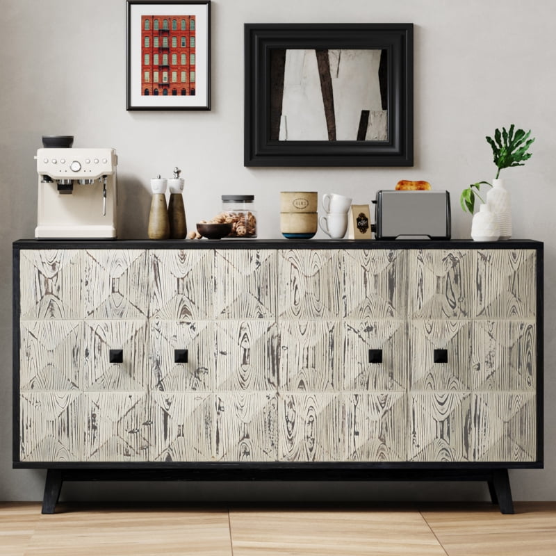 Stylish and Functional 4-Door Intaglio Storage Cabinet with Pine Legs, Solid Wood Pulls and MDF ...