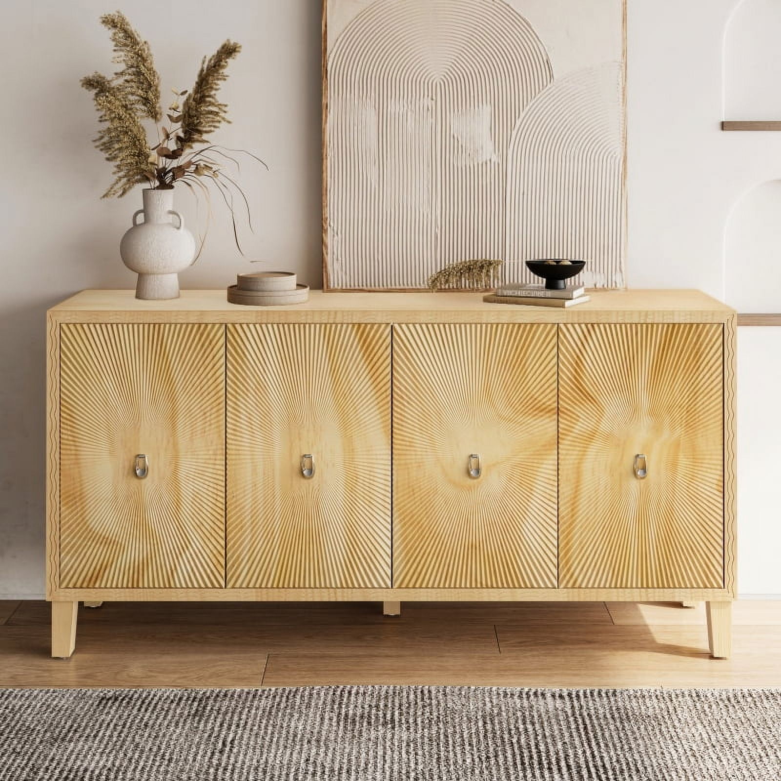 Stylish and Functional 4-Door Intaglio Storage Cabinet with Pine Legs, Solid Wood Pulls and MDF ...