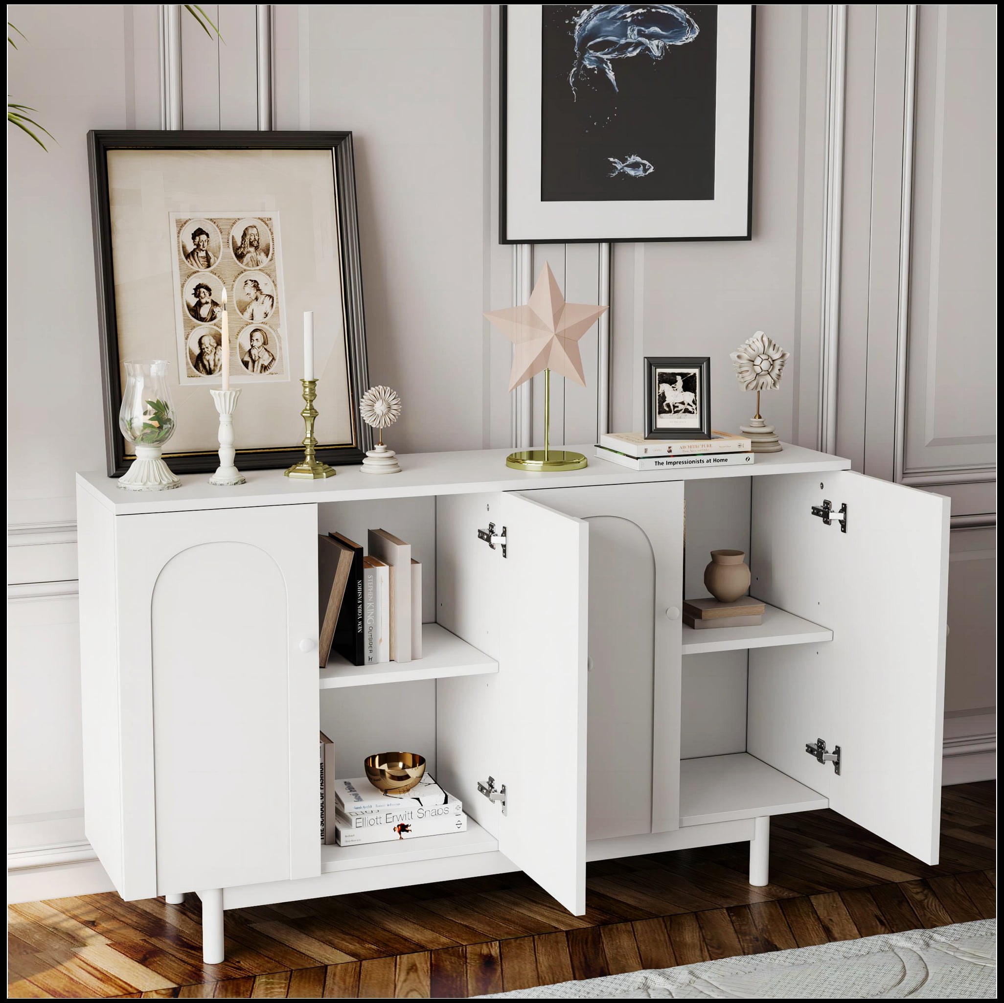 Stylish and Functional 4-Door Intaglio Storage Cabinet with Pine Legs, Solid Wood Pulls and MDF ...