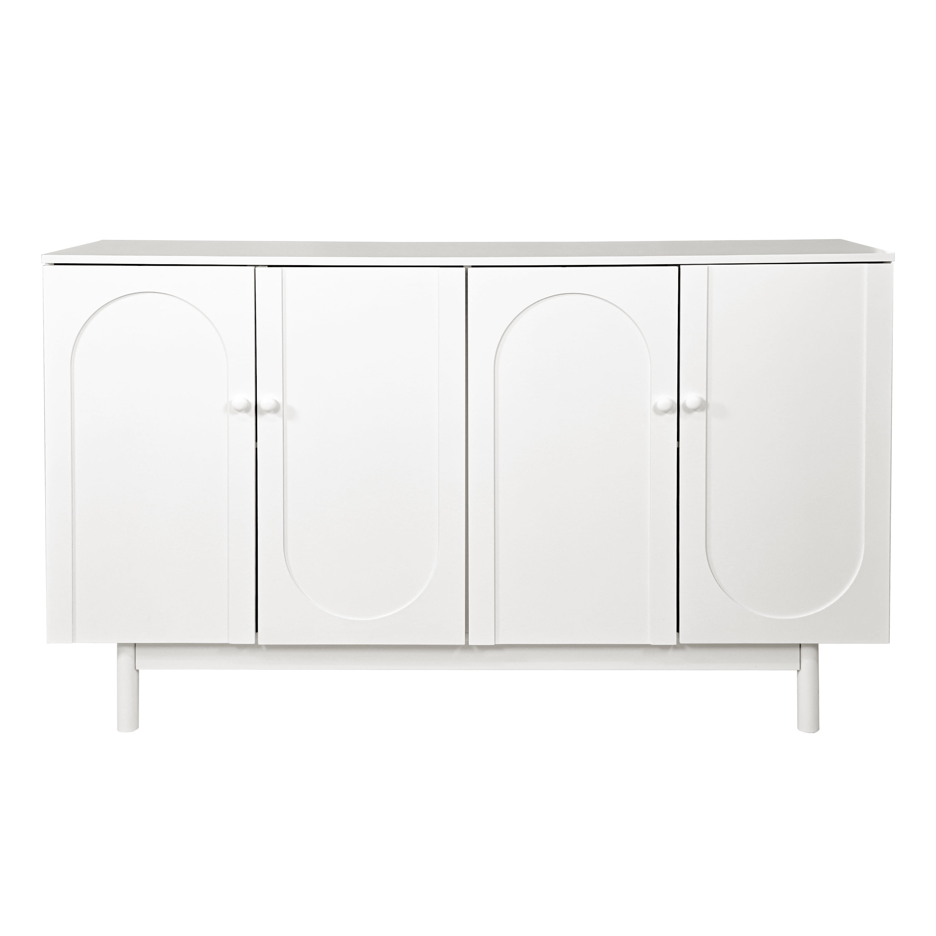 Stylish and Functional 4-Door Intaglio Storage Cabinet with Pine Legs, Solid Wood Pulls and MDF ...