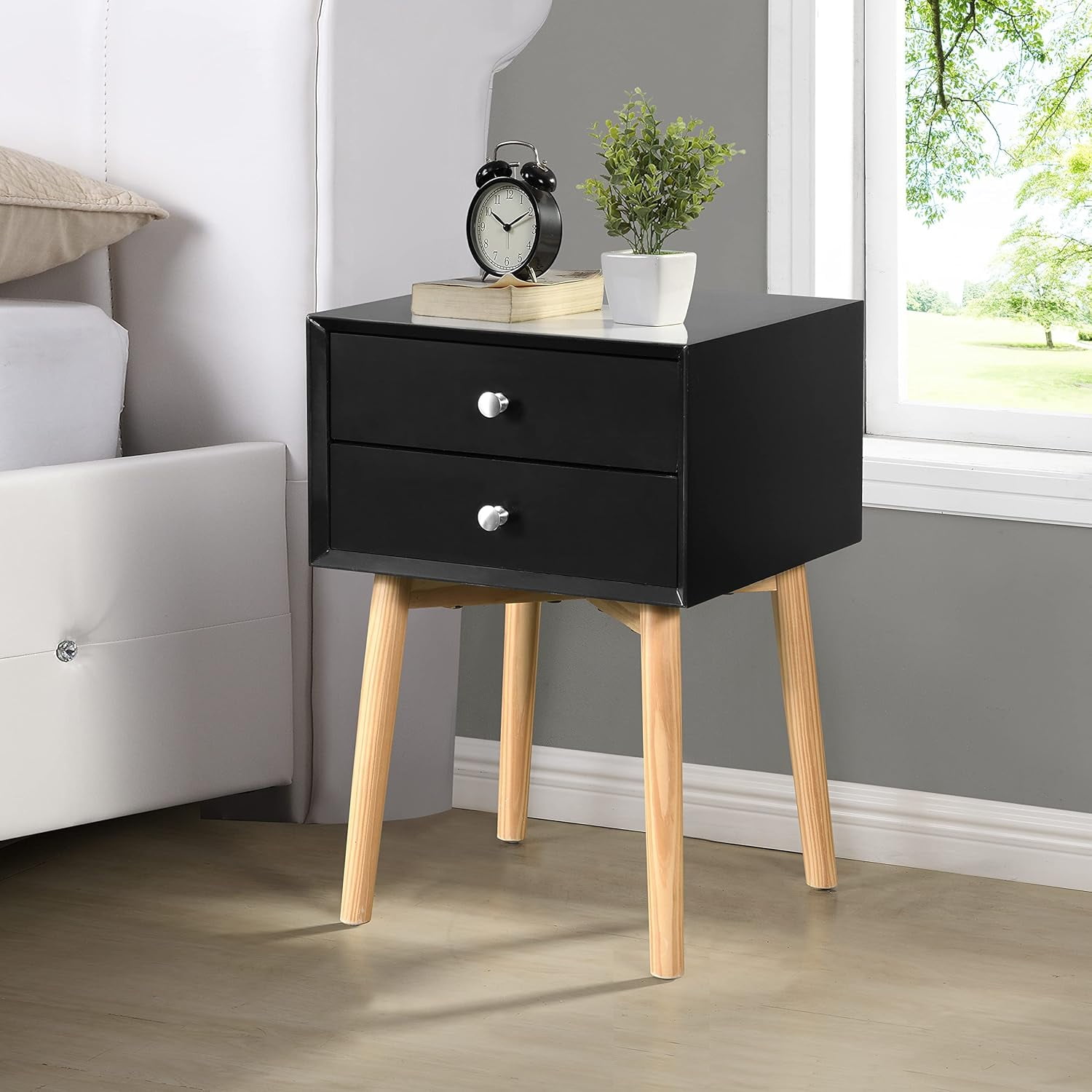 Stylish and Functional Bedside Table with 2 Drawers, Modern Storage Cabinet, Wood Legs, Black ...