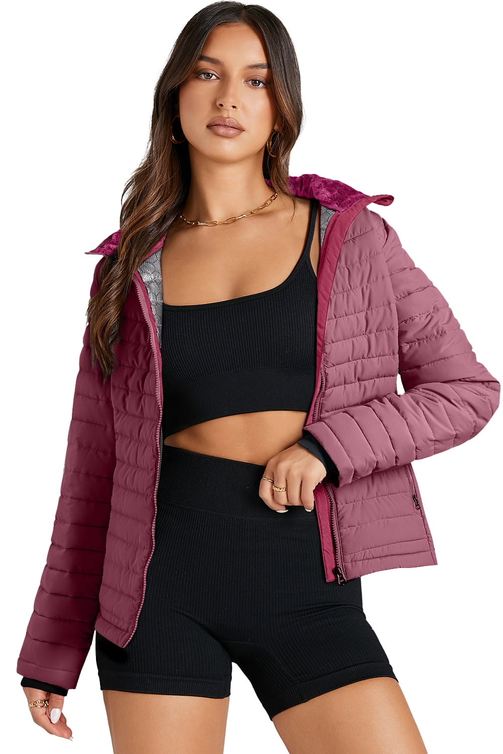 Stylish and Warm Burgundy Puffer Jacket with Quilted Design and Zipper ...