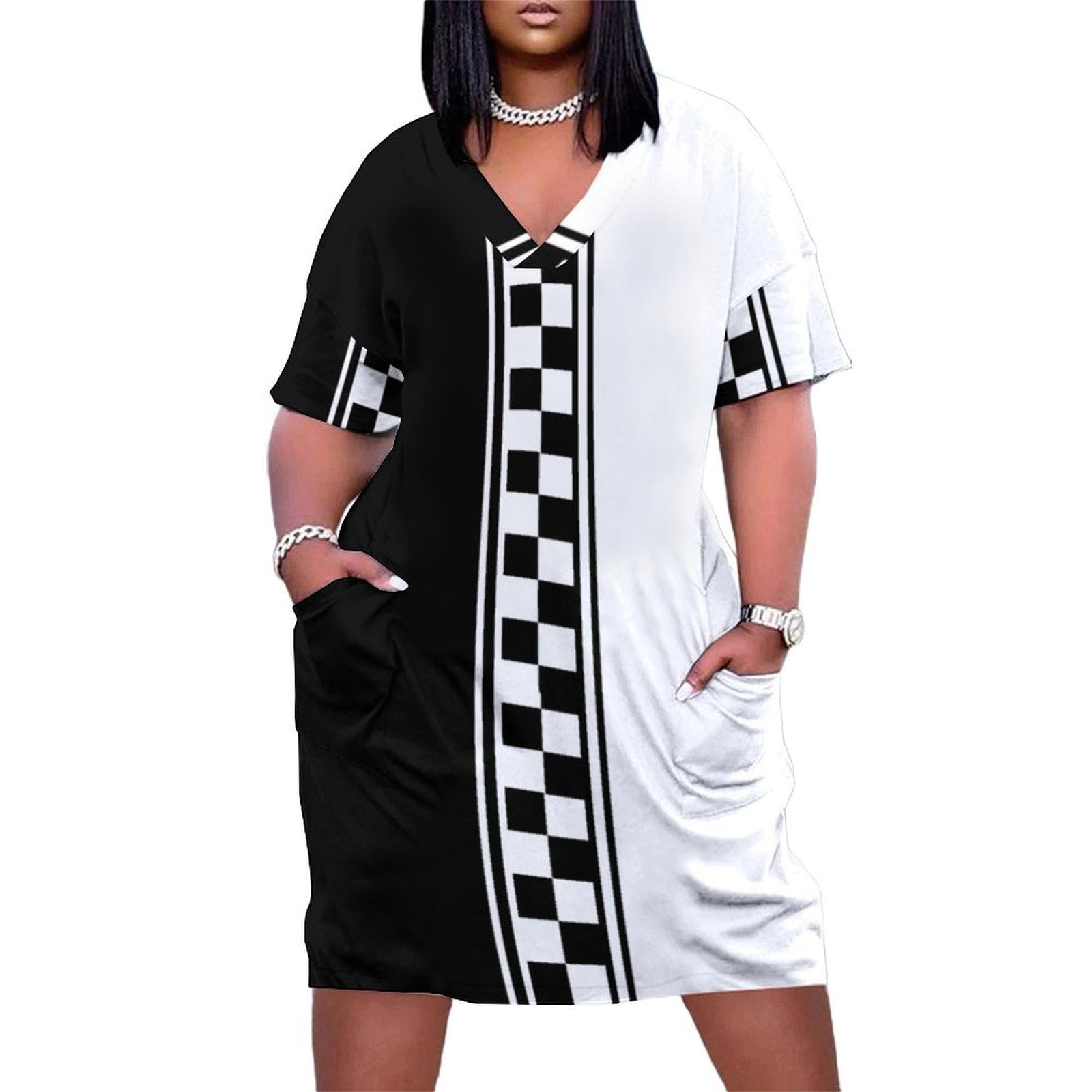 Stylish black and white ska inspired v2 Loose Pocket Dress women party ...
