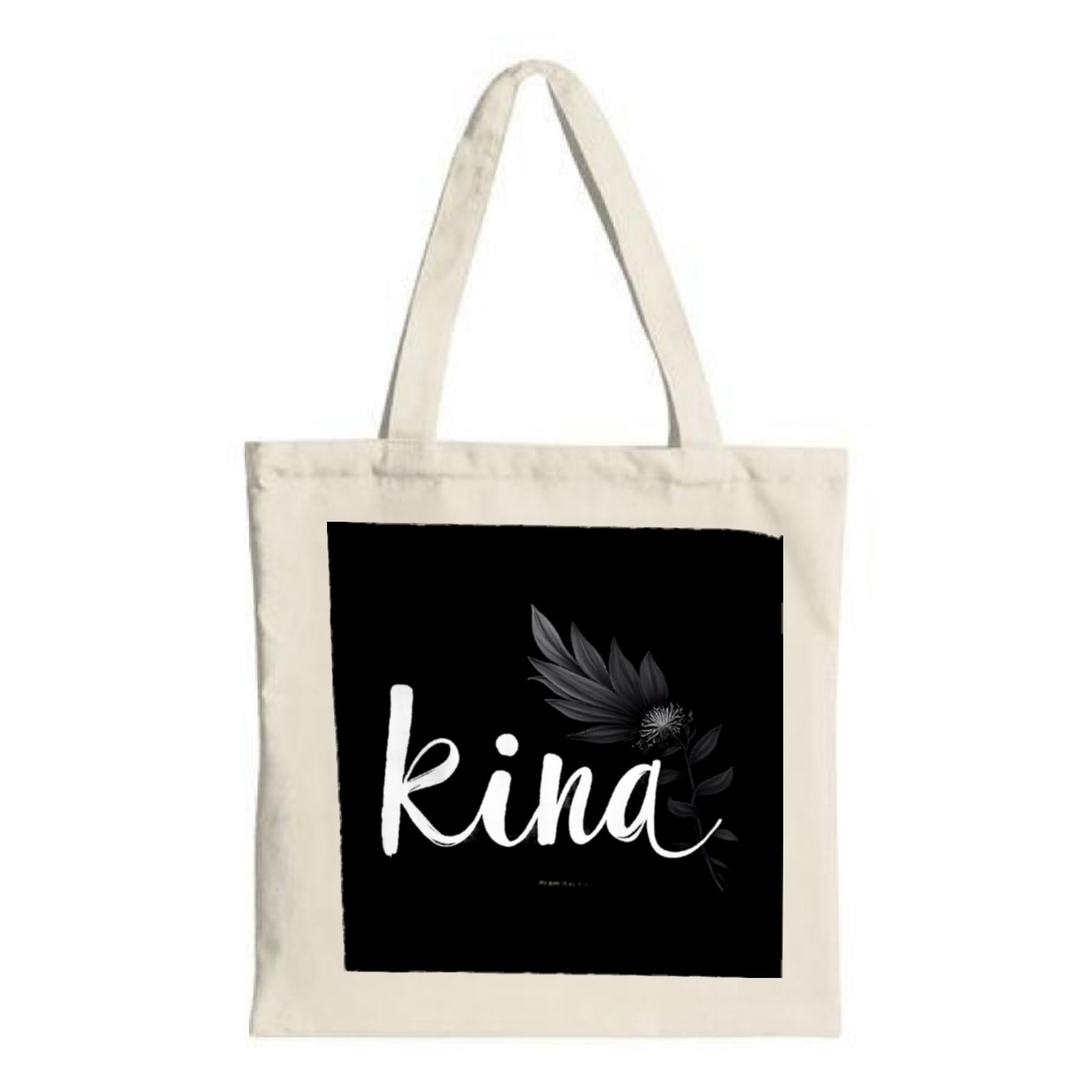 Stylish black canvas tote bag with elegant white cursive " kina " text ...