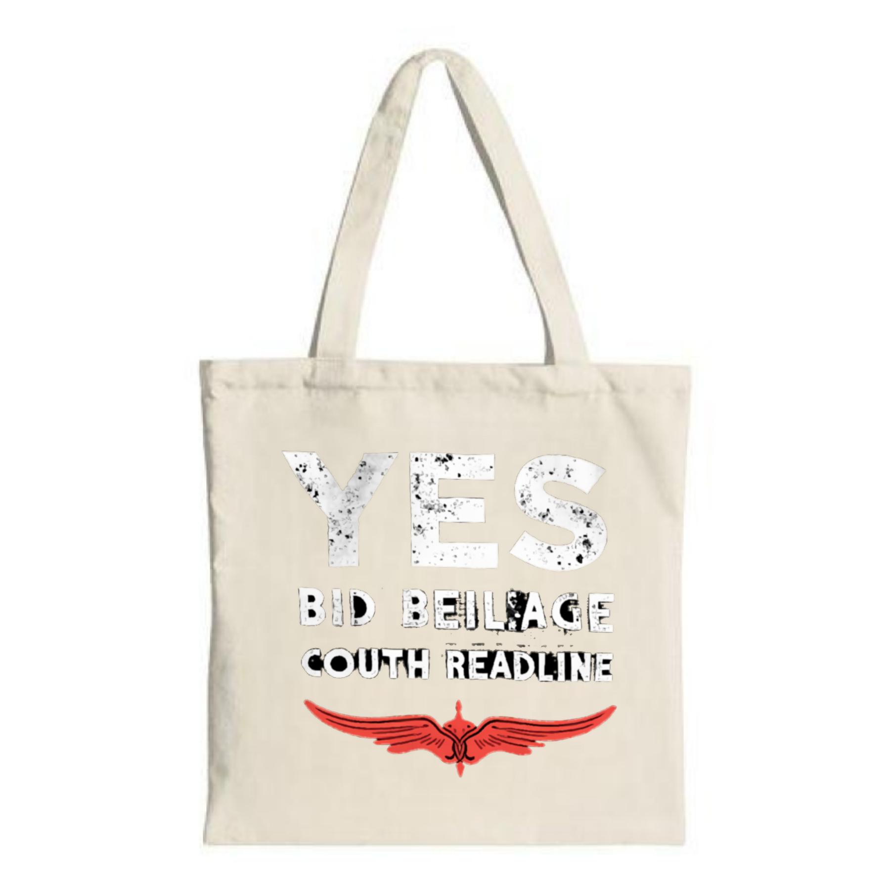 Stylish cream canvas tote bag with bold ' YES ' and ' BOD BEILLAGE ...