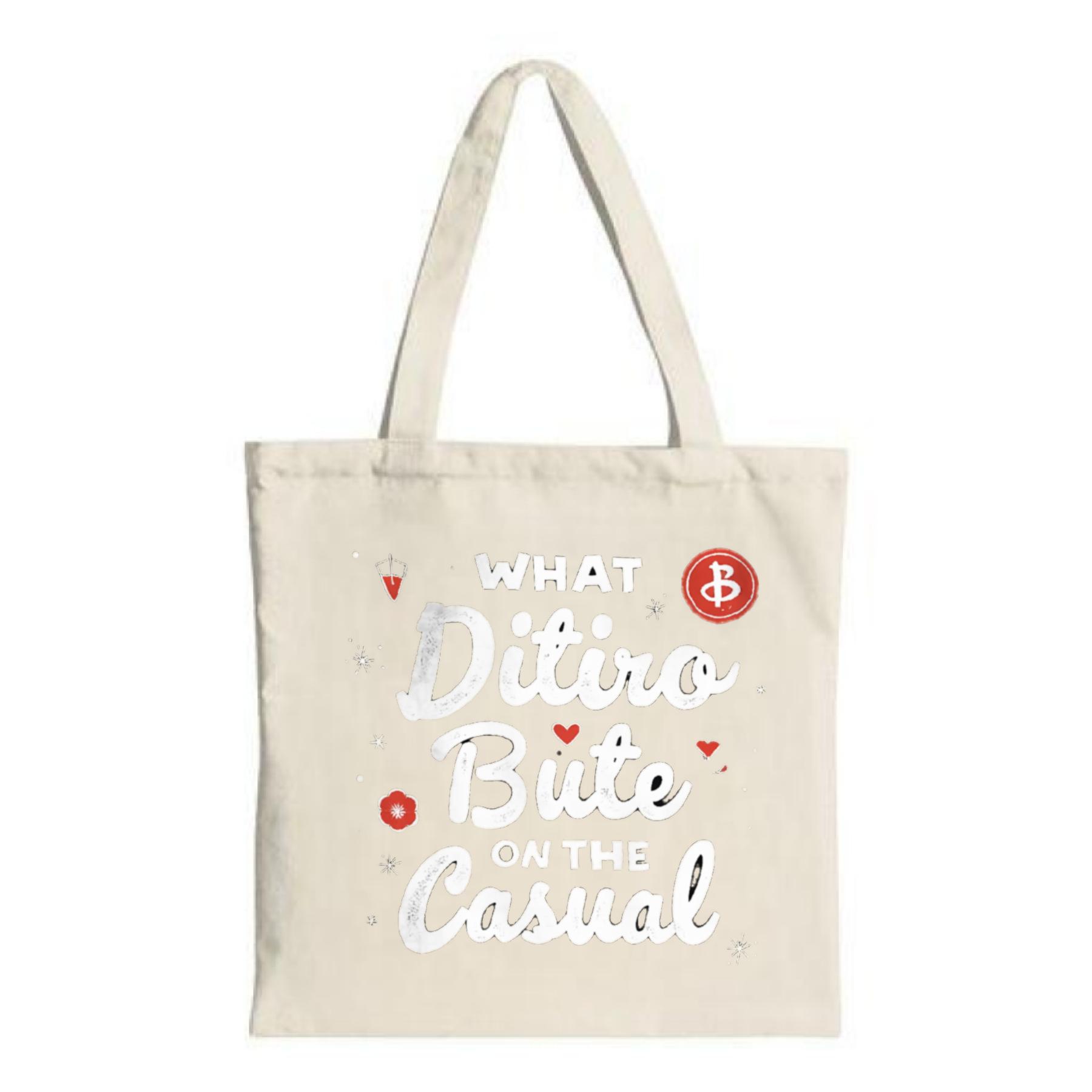 Stylish cream tote bag with playful red and white text " WHAT Ditro ...