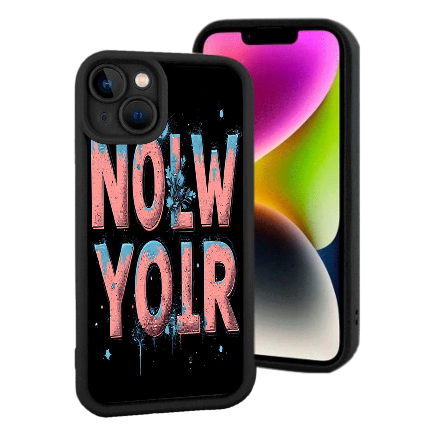 Stylish iPhone 15 Case - Bold " NOW YOLR " Graffiti Design Pink & Blue ...