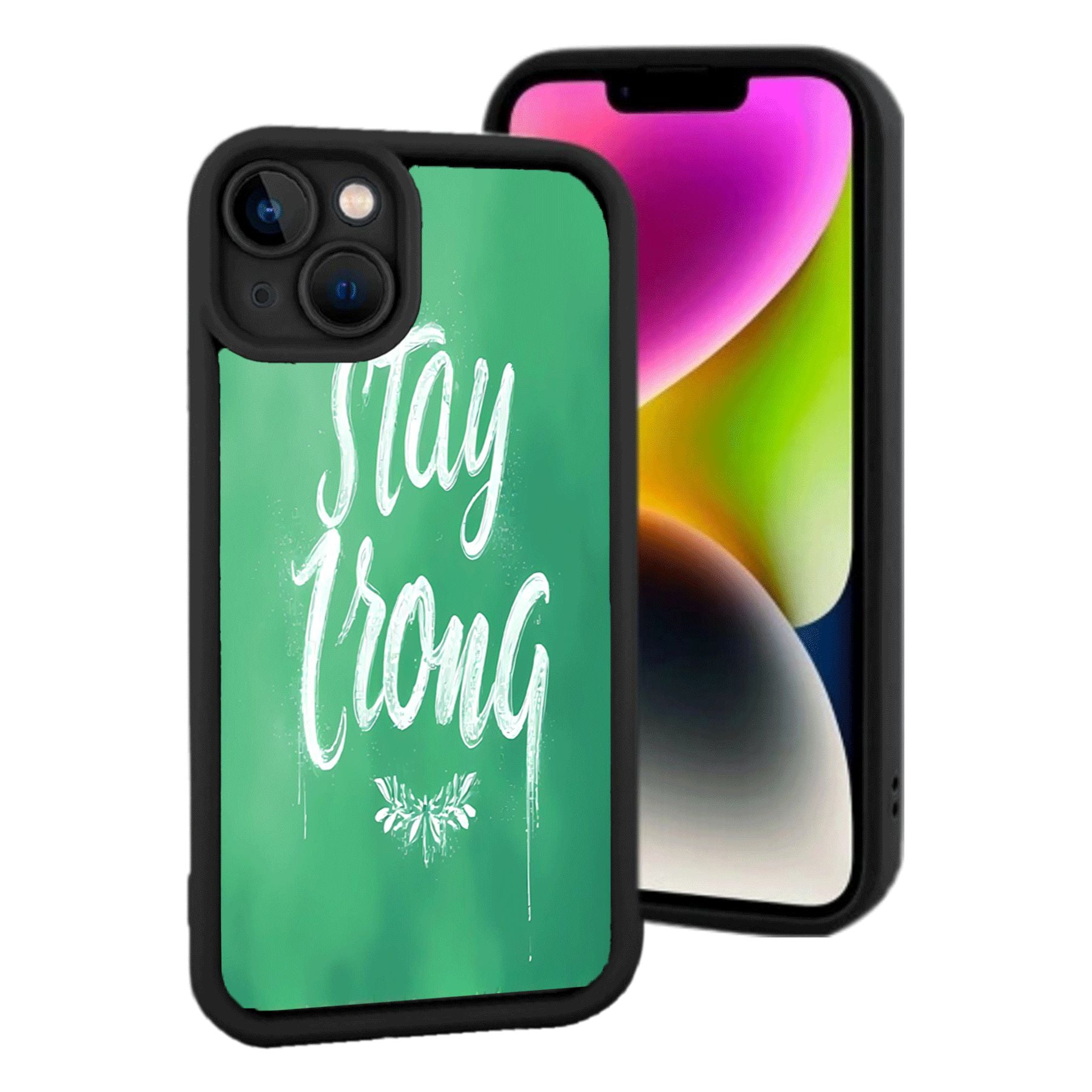 Stylish iPhone 15 Case - Green ' Stay Strong ' Cursive with Butterfly ...