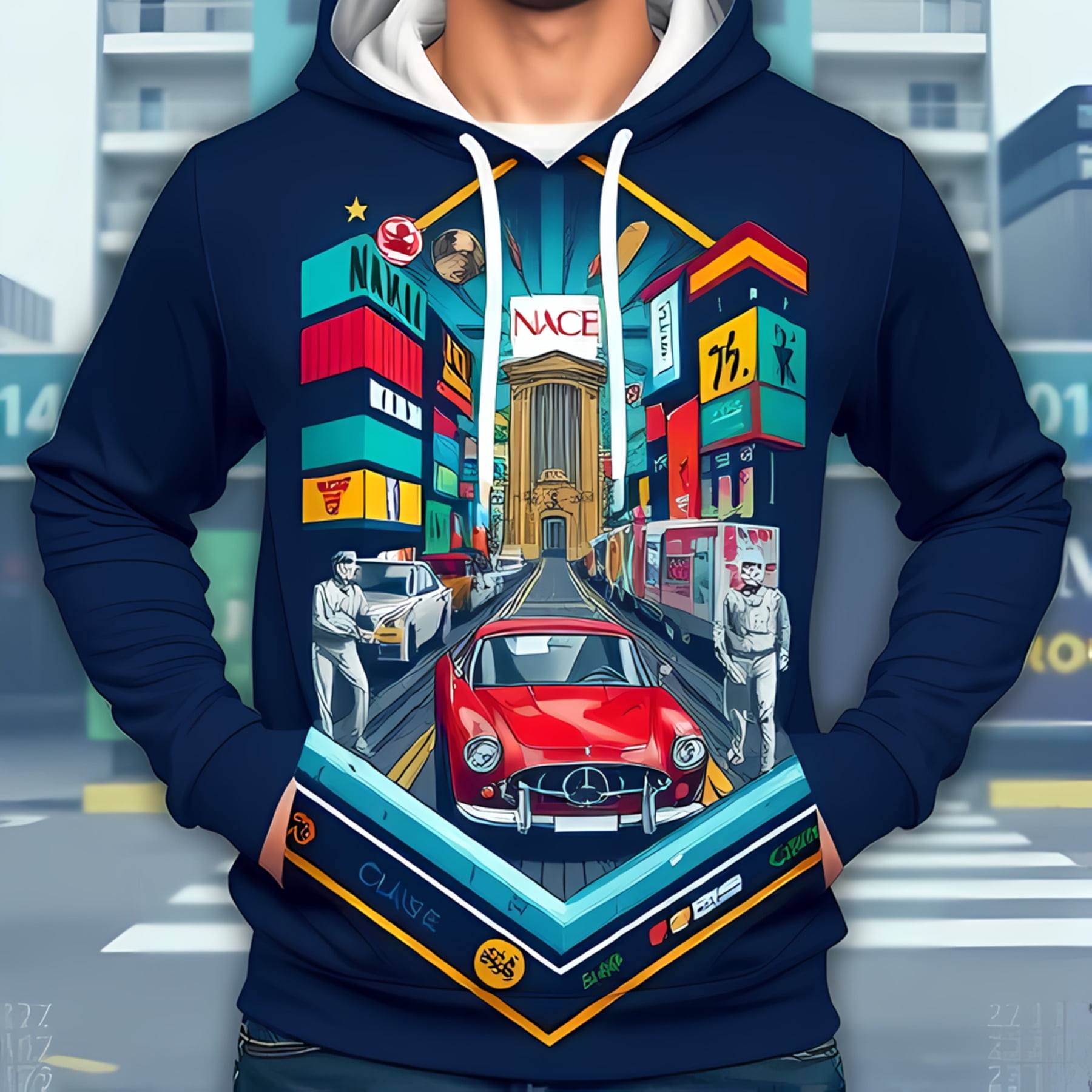 Stylized 3D City Street Scene Hoodie with Retro Red Sports Car & 1960s ...