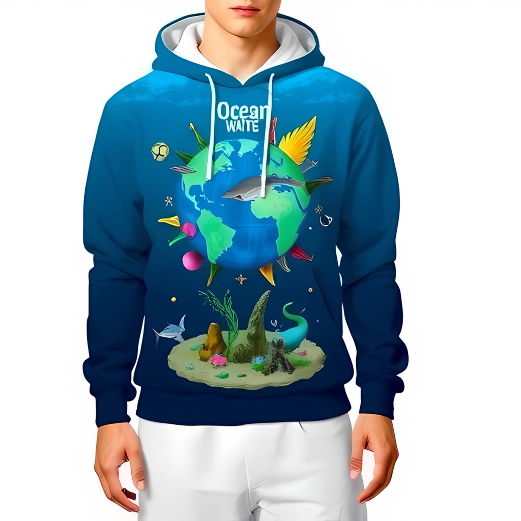 Stylized 3D Earth Globe Hoodie with Underwater Scene & Marine Life Blue ...