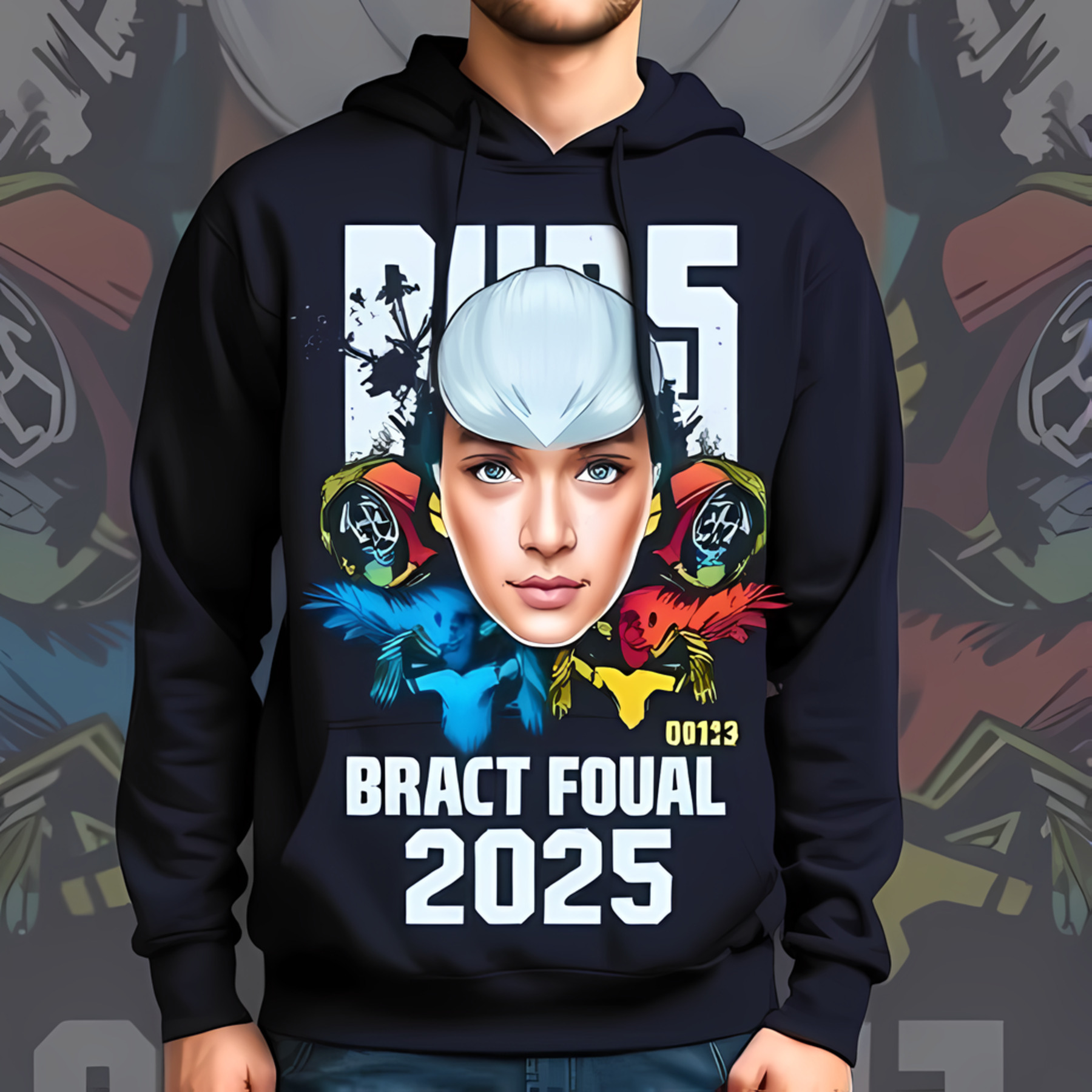 Stylized 3D Graphic Hoodie with Serene Portrait and Colorful Birds ...