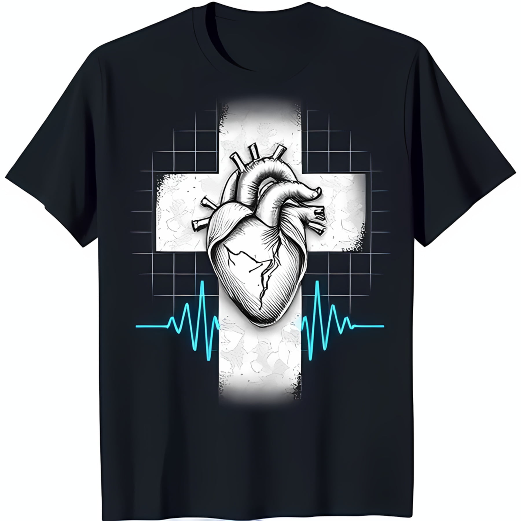 Stylized Anatomical Heart & ECG Graphic Black T-Shirt Unique Faith ...