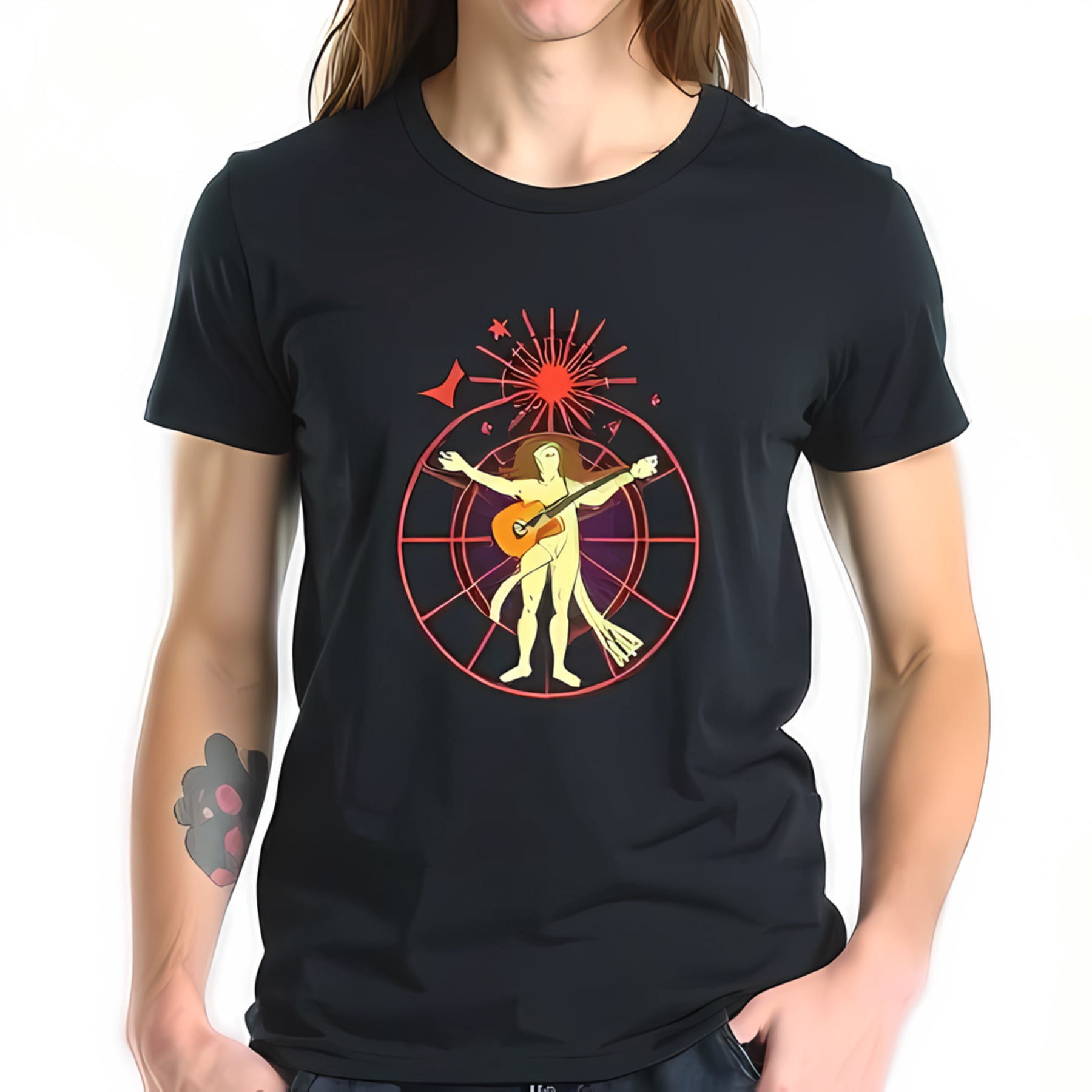 Stylized Androgynous Figure with Guitar - Dark Cotton Short Sleeve T ...