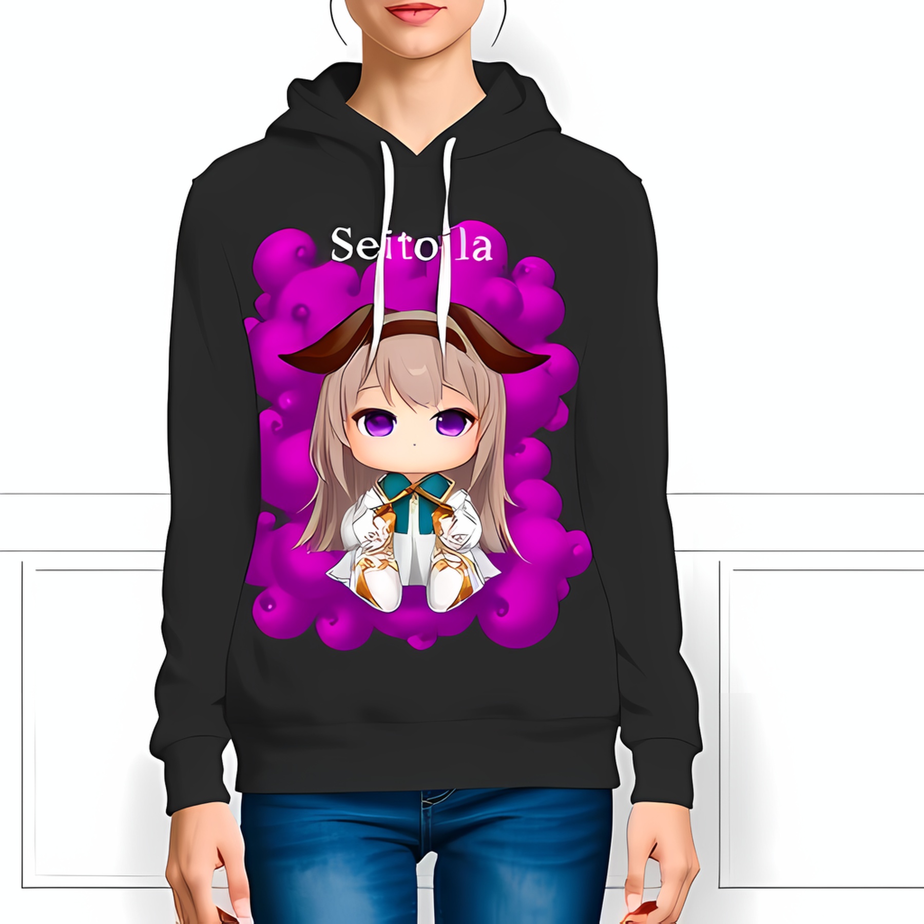 Stylized Anime Girl 3D Hoodie - Black with Purple Clouds Light Gray ...
