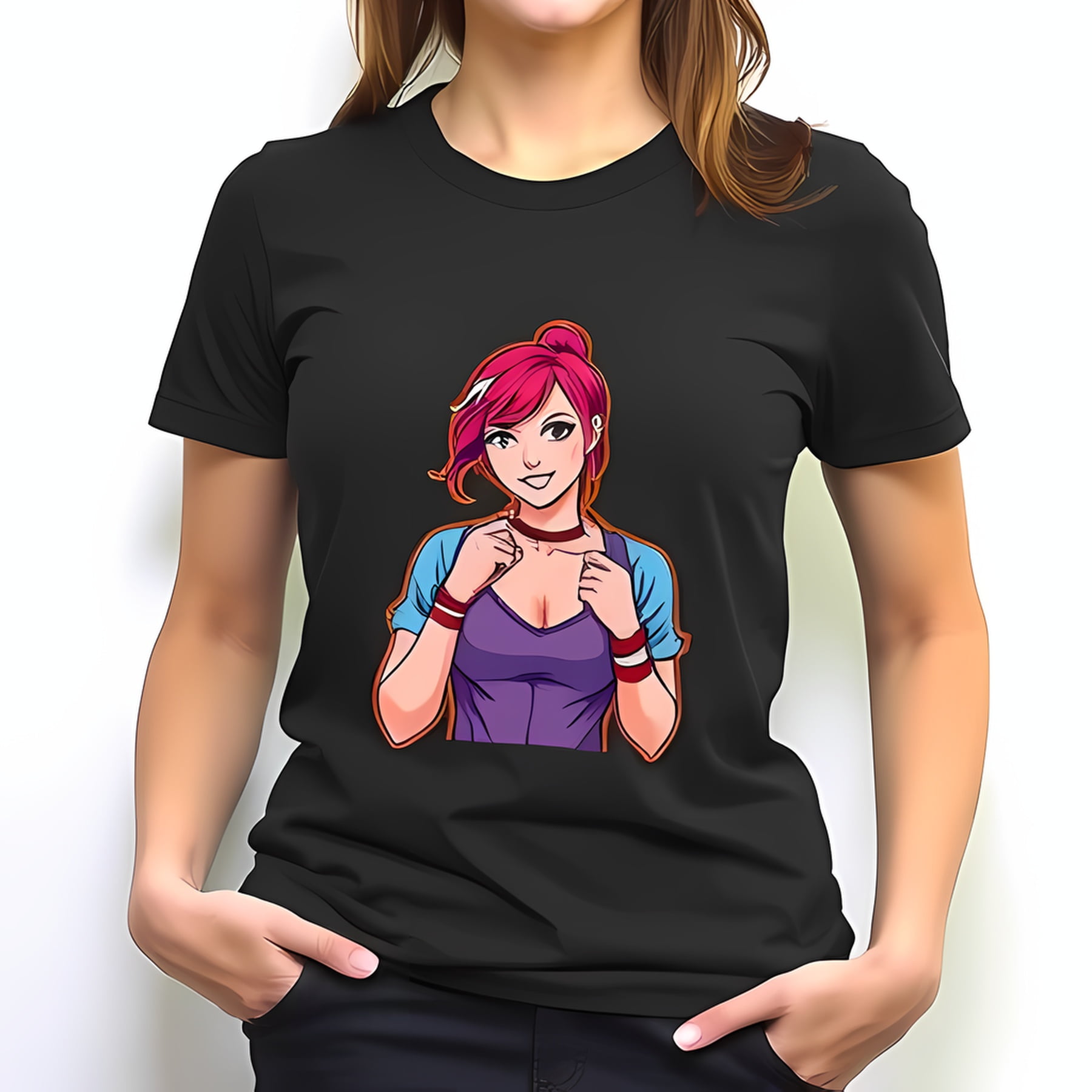 Stylized Anime Girl Graphic T-Shirt - Vibrant Pink Hair Friendly ...
