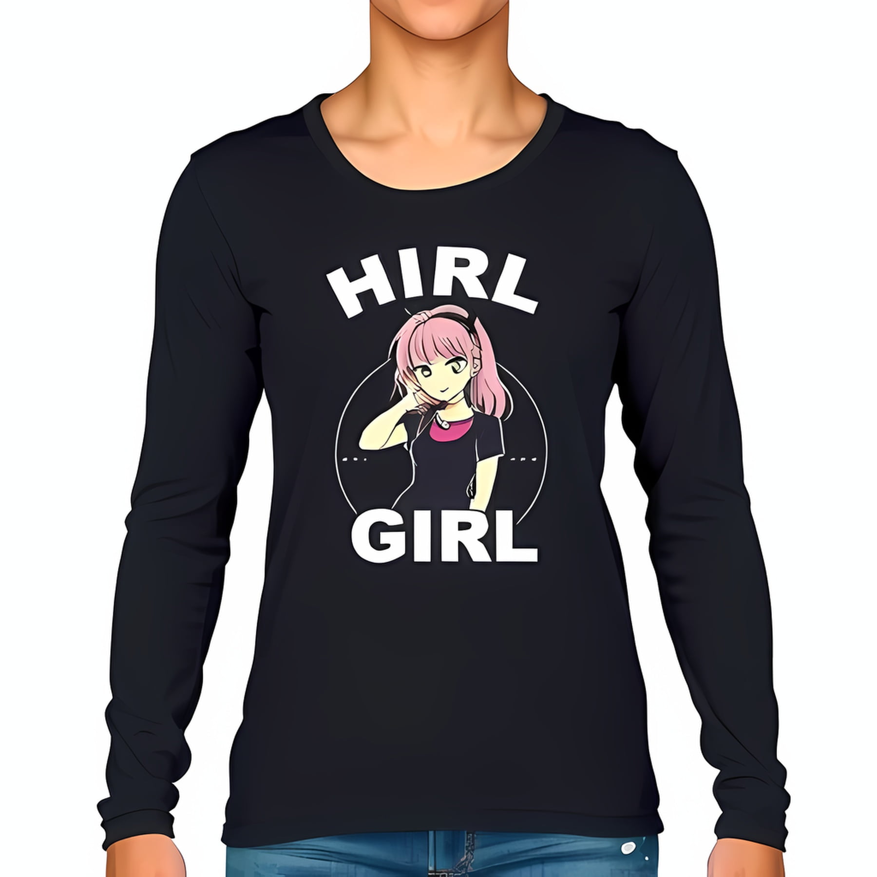 Stylized Anime Girl Long Sleeve T-Shirt for Women - Navy Blue with ...