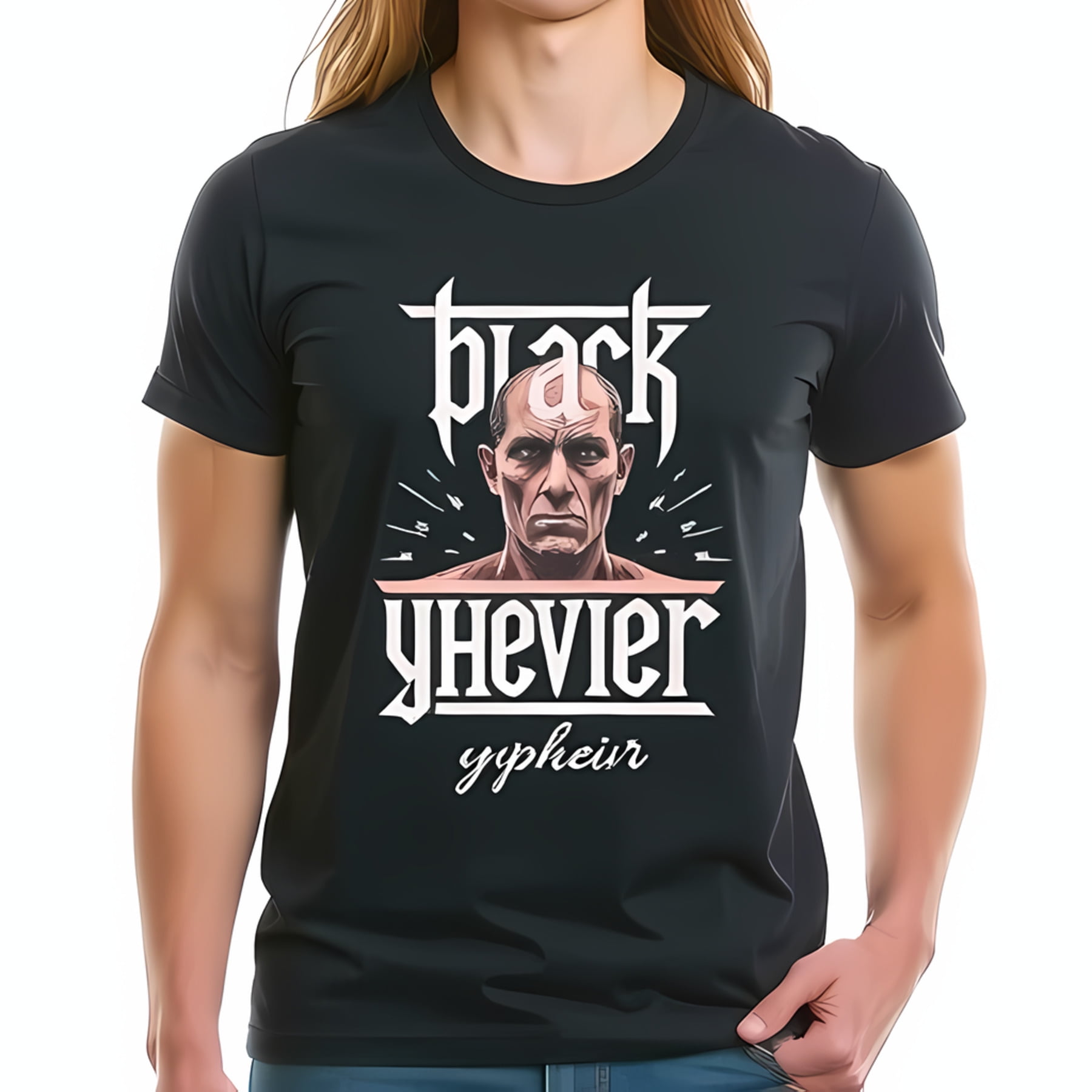 Stylized Bald Man Graphic Navy Blue Cotton Short Sleeve T-Shirt with ...