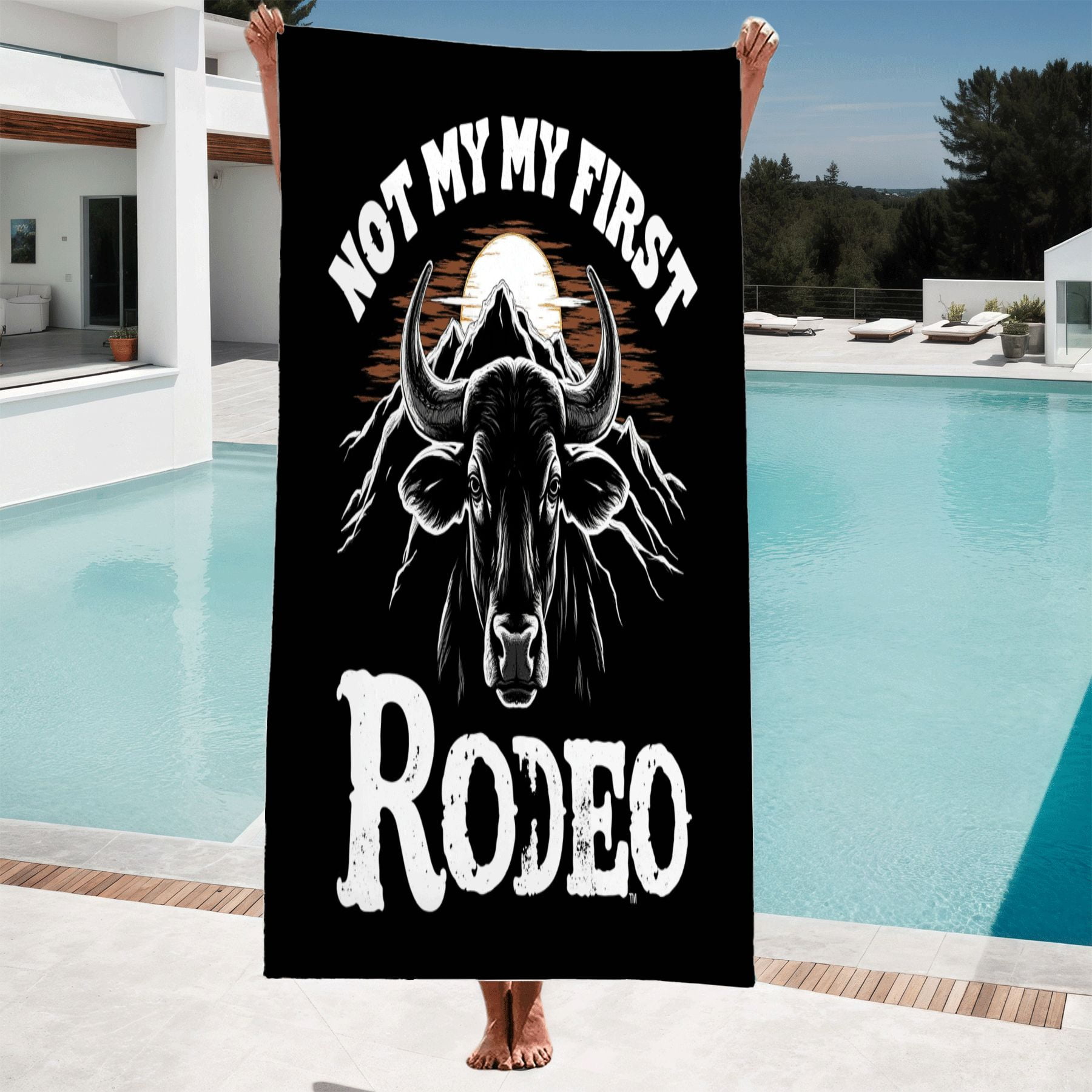 Stylized Beach Towel - Rugged Western Design with Mountains & Sunset ...