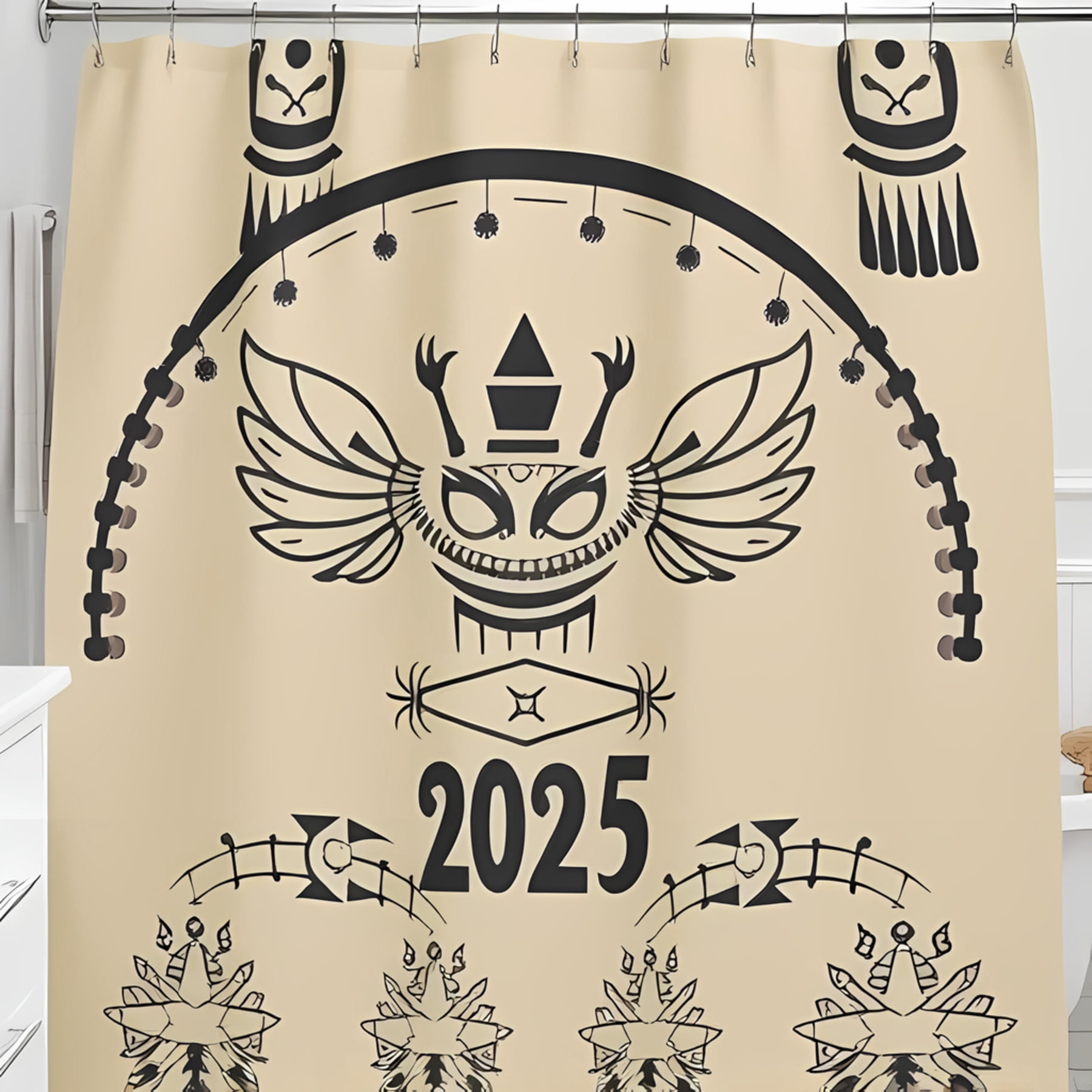 Stylized Beige Shower Curtain with Winged Creature Design & 2025 Motif ...