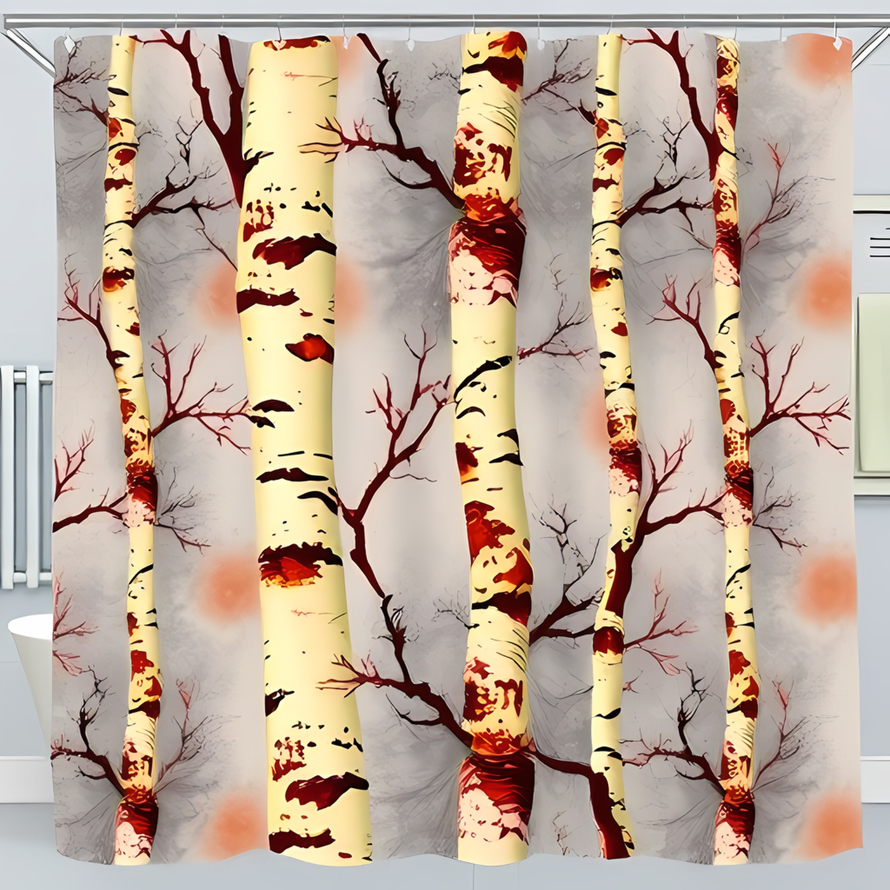 Stylized Birch Tree Shower Curtain - Autumn Hues with Dark Silhouettes ...