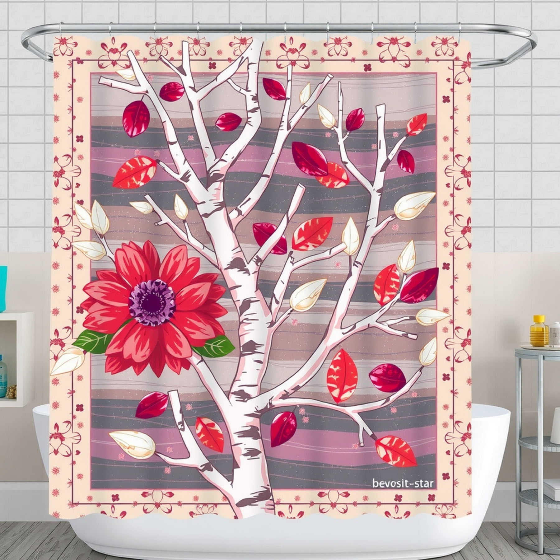 Stylized Birch Tree Shower Curtain with Red Leaves & Flower, Gray ...