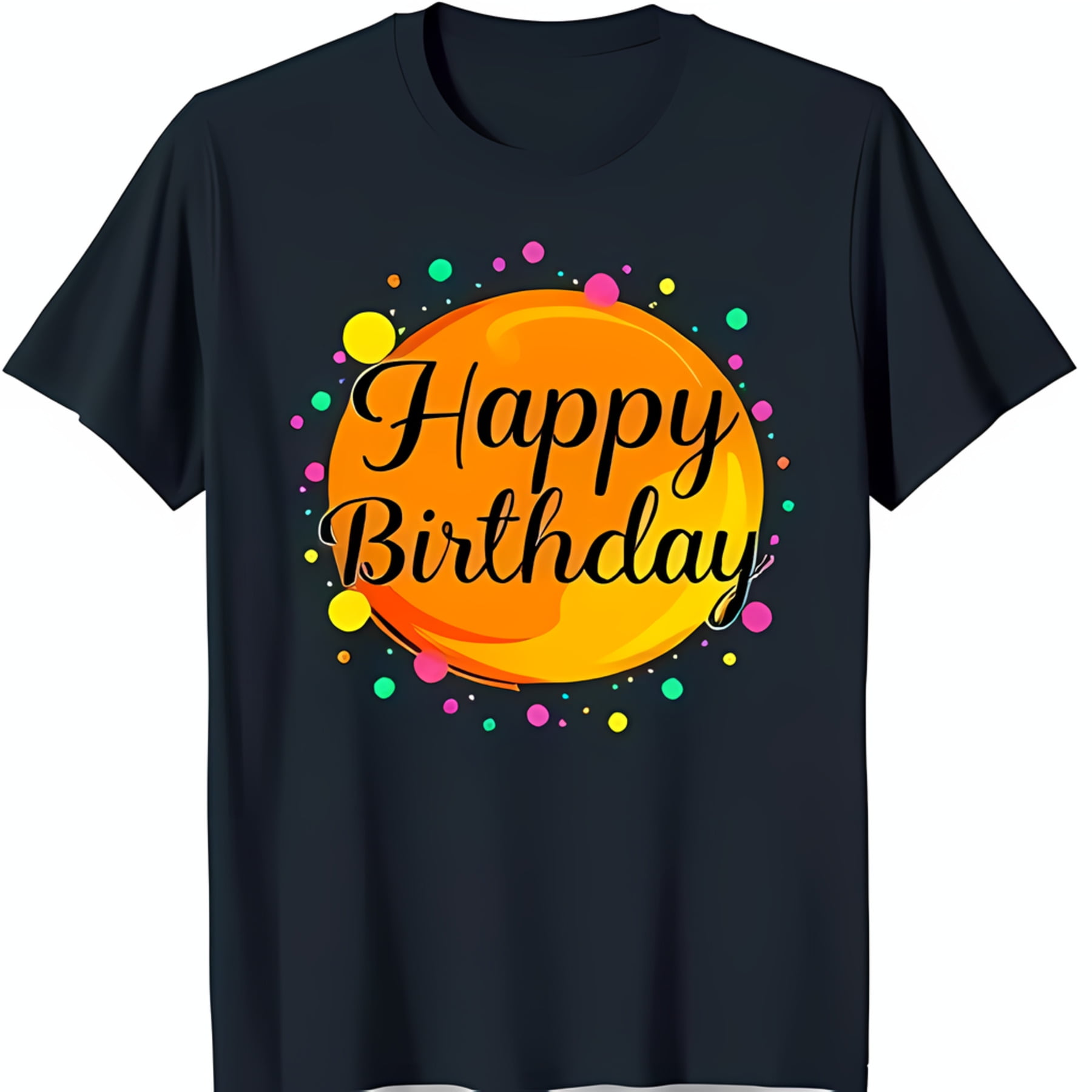 Stylized Birthday Black T-Shirt with 'Happy Birthday' Design & Colorful ...