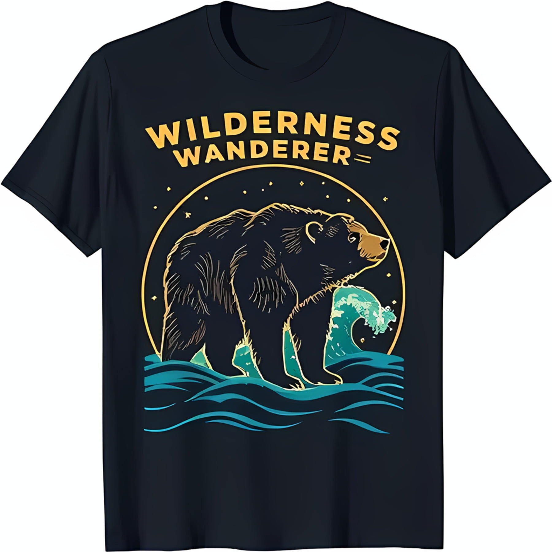 Stylized Black Bear on Wave T-Shirt Wilderness Wanderer Design Starry ...
