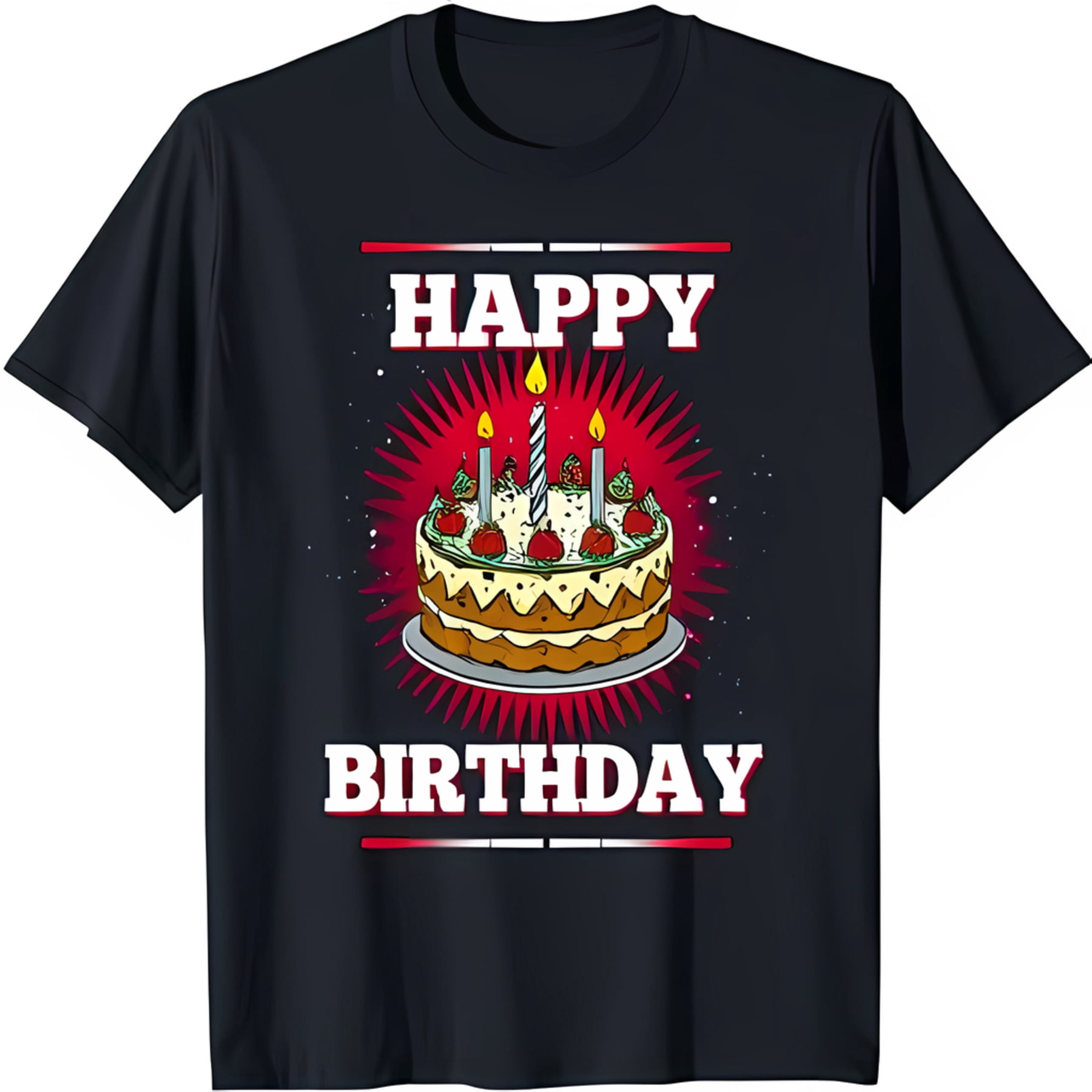 Stylized Black Birthday Cake T-Shirt with Bold 'Happy Birthday' Design ...