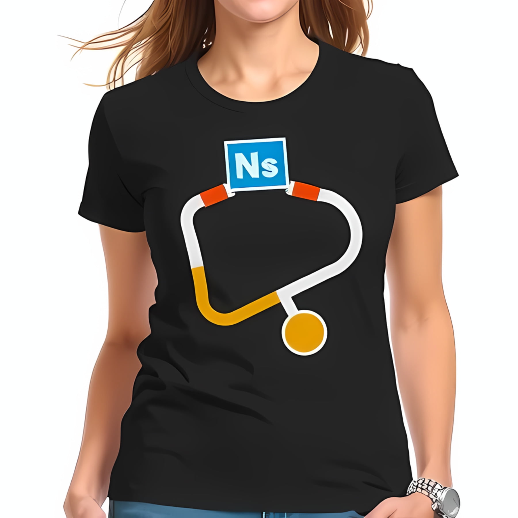 Stylized Black Cotton Short Sleeve T-Shirt with Orange & White Map Design and Blue 'Ns' Symbol ...