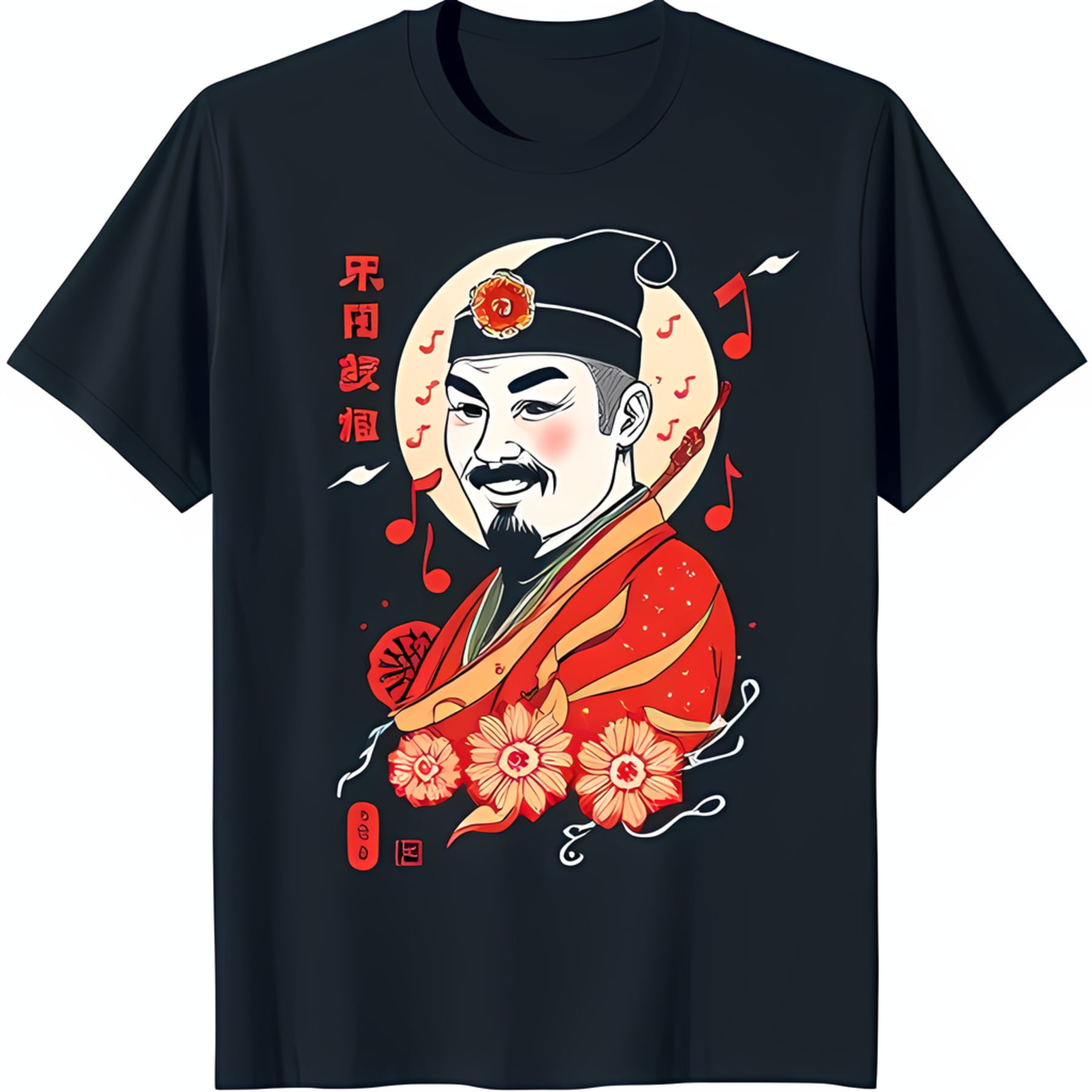 Stylized Black T-Shirt with Asian Singer Graphic Moon & Musical Notes ...