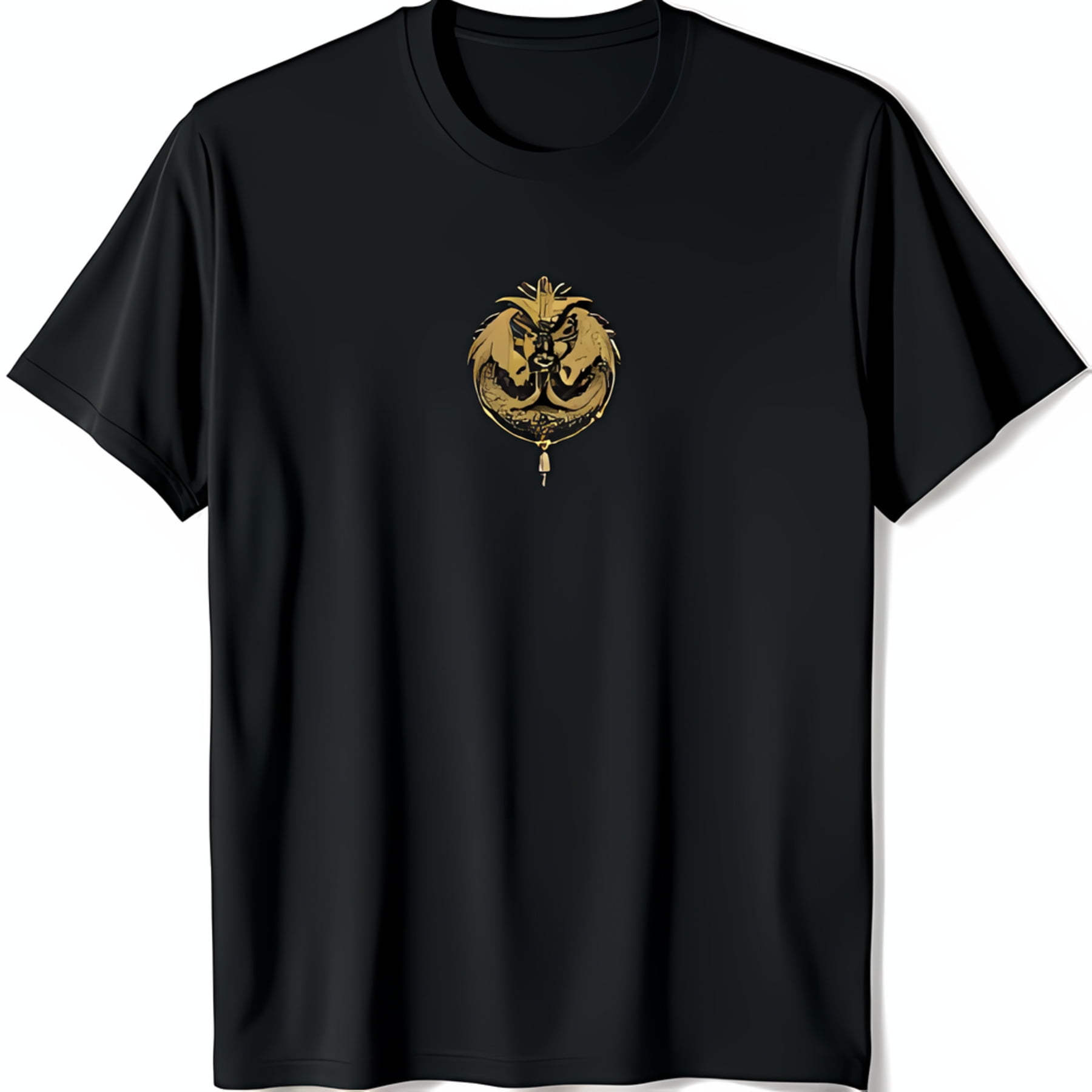Stylized Black T-Shirt with Gold Winged Creature and Crown Design ...