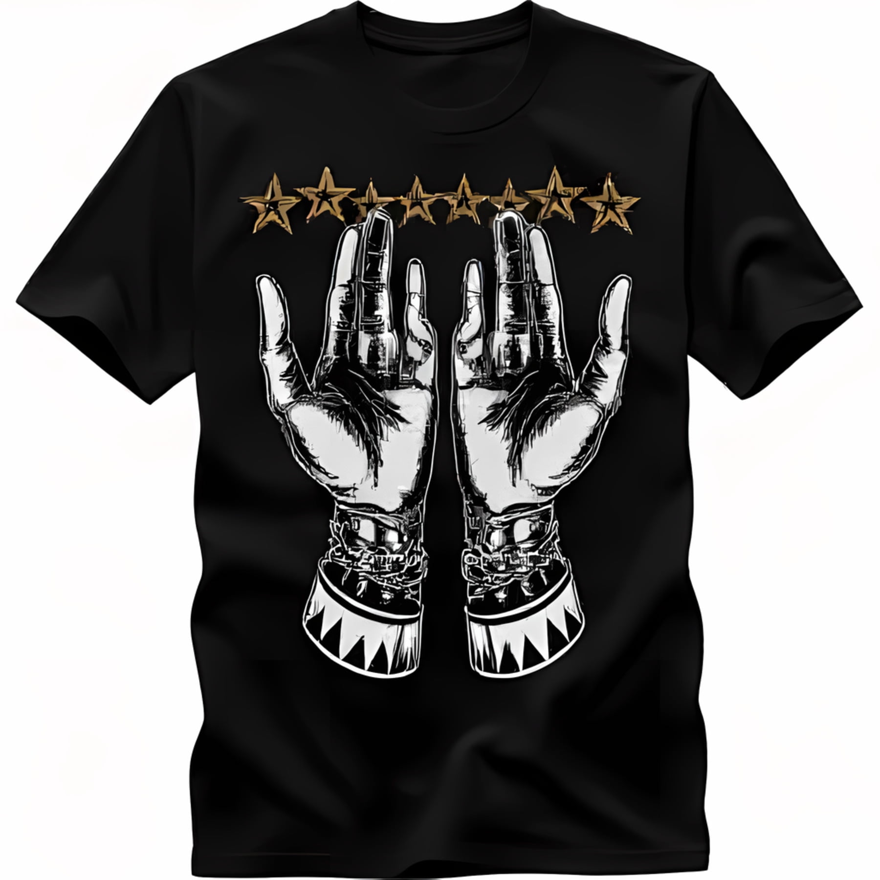 Stylized Black T-Shirt with Hands Reaching Upward & Retro Gold Stars ...