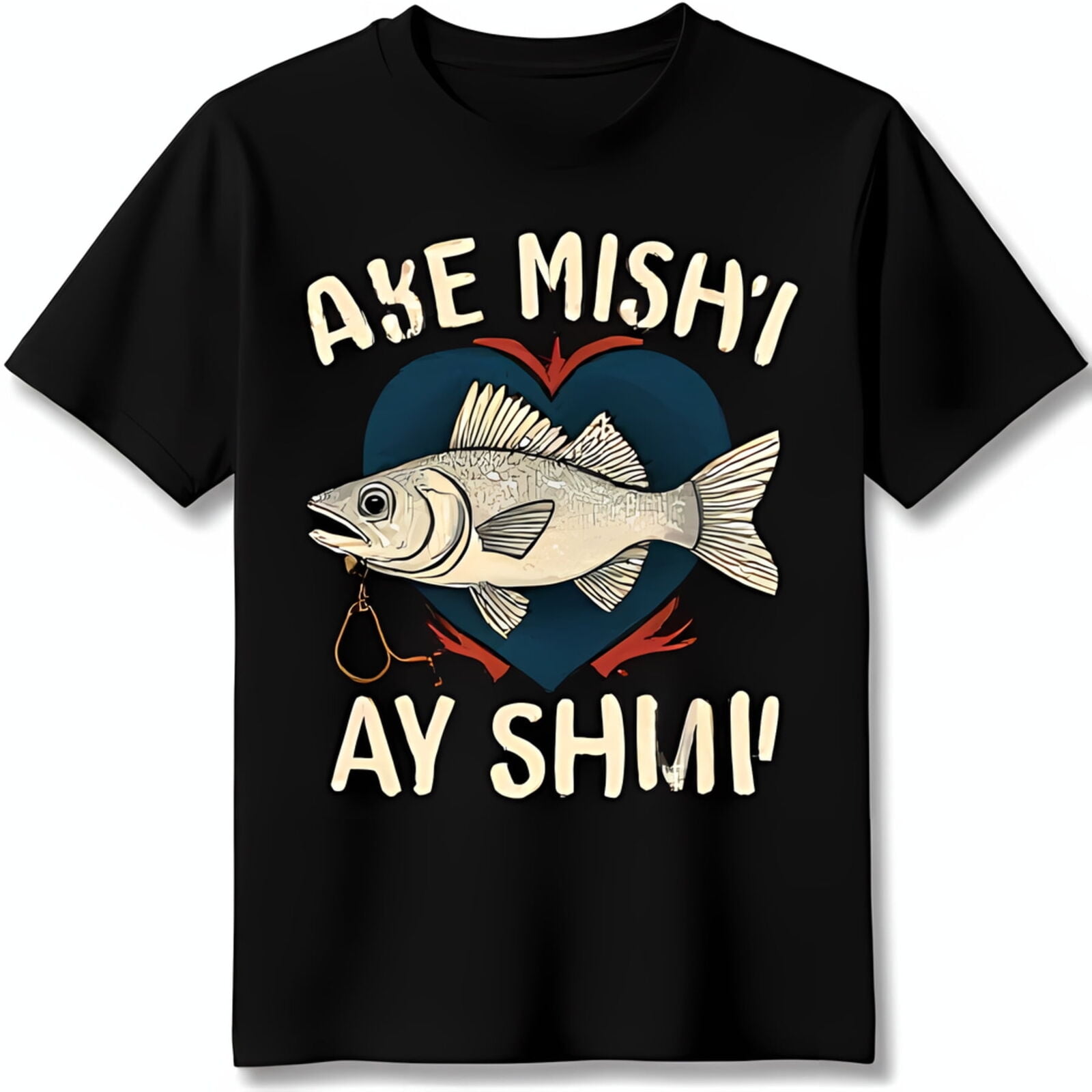 Stylized Black T-Shirt with Heart & Fish Graphic AKE MISH I AY SHMI Design - Walmart.com
