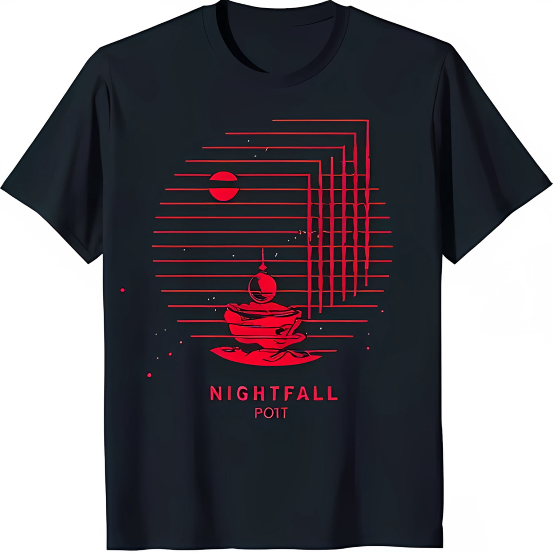 Stylized Black T-Shirt with Red Sphere Structure Graphic 'NIGHTFALL ...