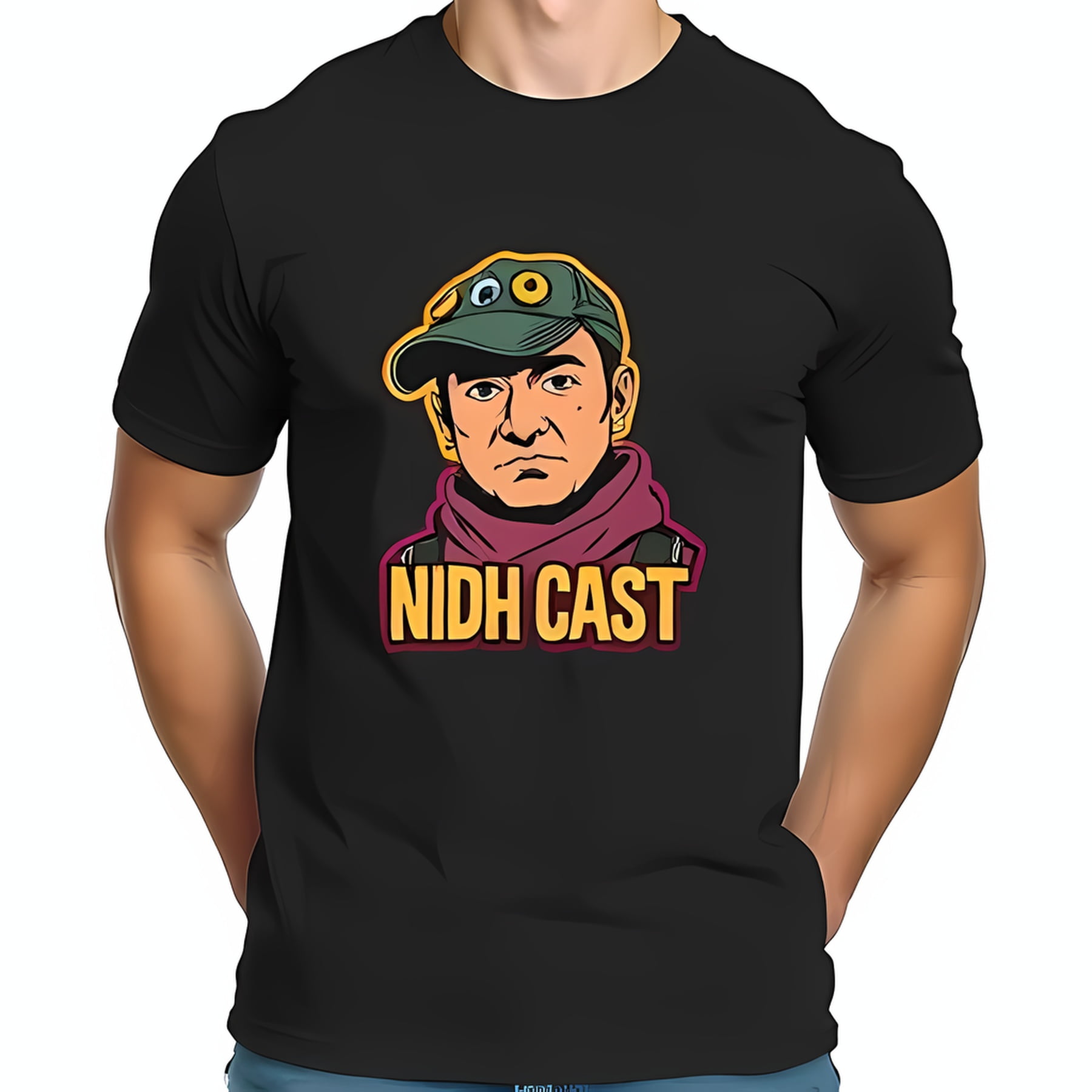 Stylized Black T-Shirt with Retro Graphic of Serious Man in Green & Maroon Scarf - NIDH CAST ...