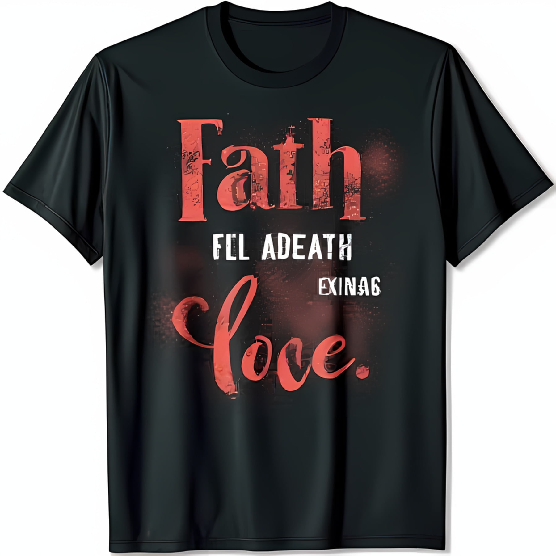 Stylized Black T-Shirt with Unique Red & White Graphic: 'Faith Fell ...