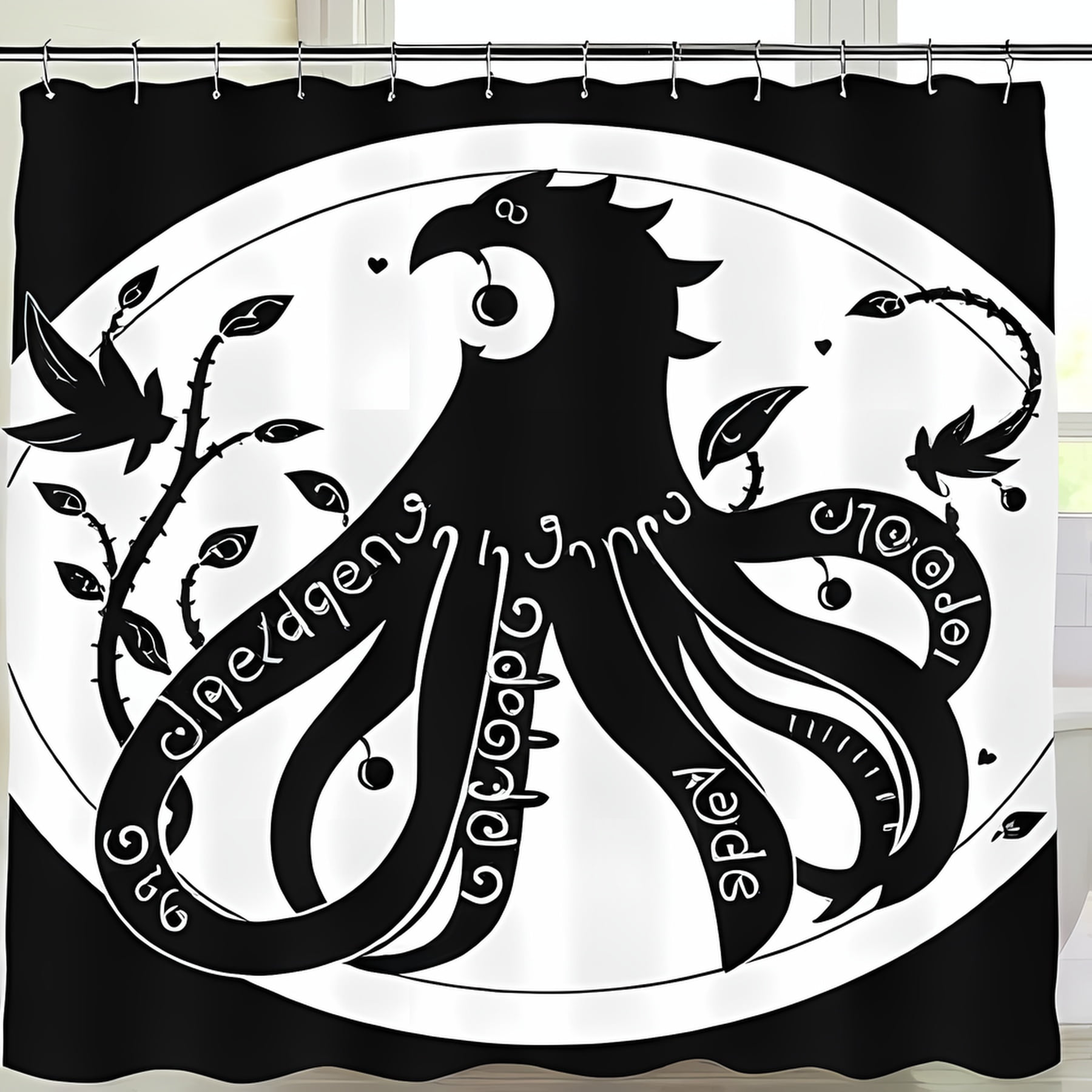 Stylized Black and White Octopus Shower Curtain with Intricate Runes ...