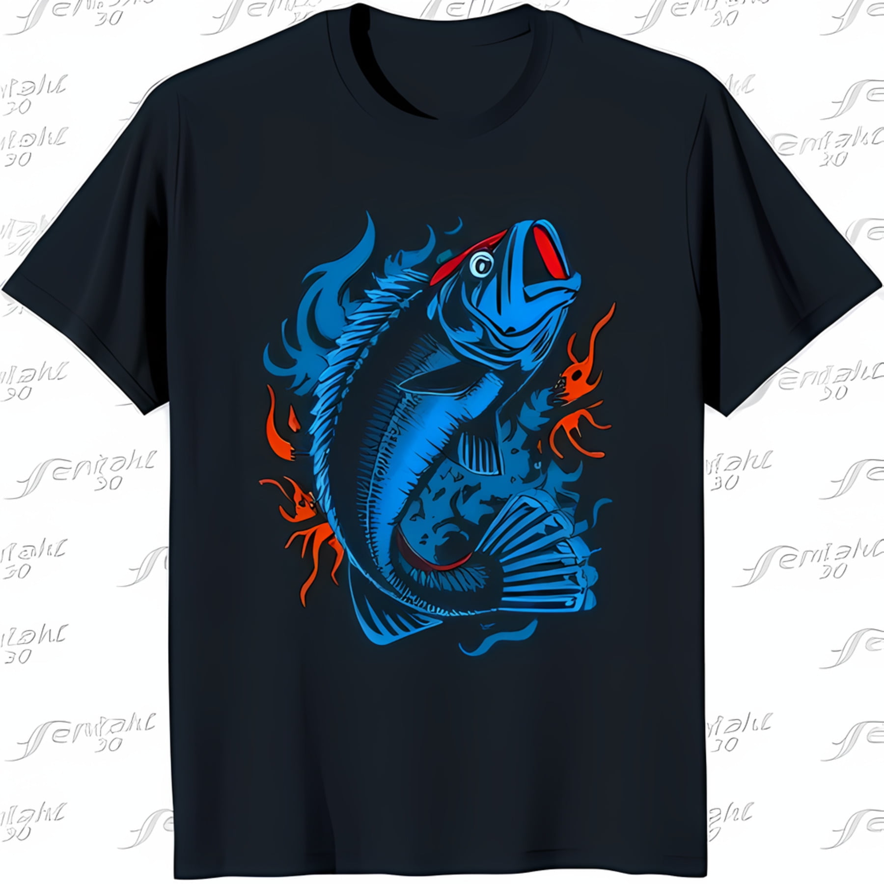 Stylized Blue Fish Graphic T-Shirt with Flames Dark Blue Tee - Walmart.com