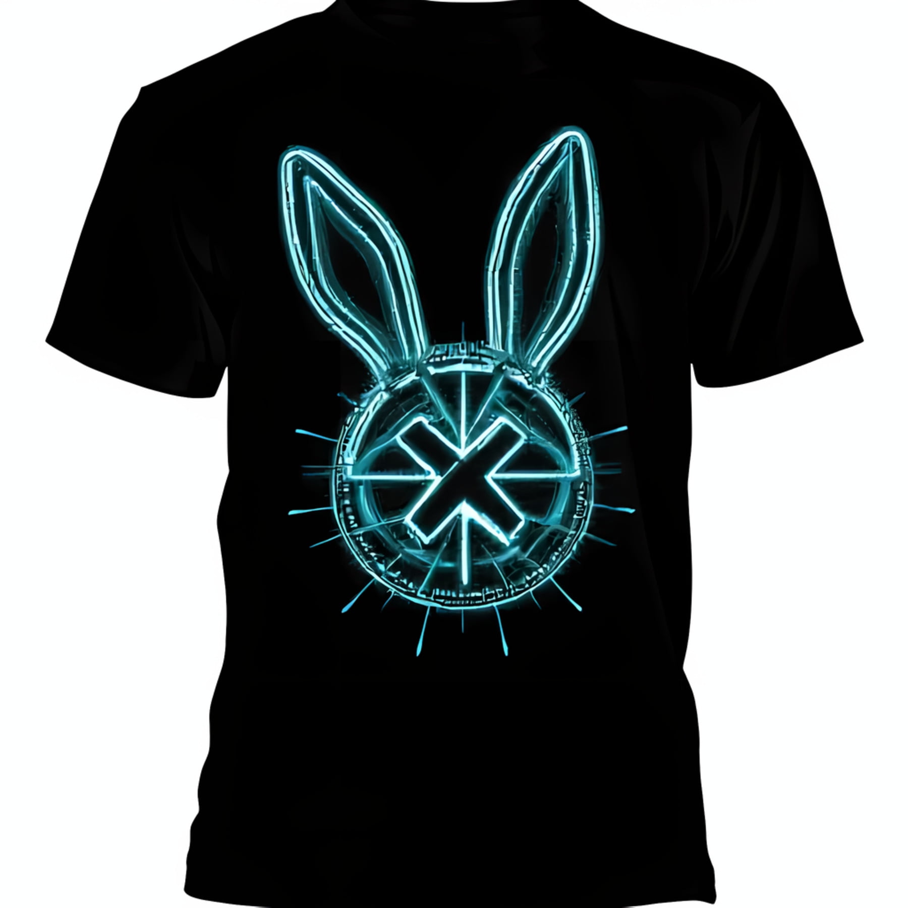 Stylized Blue Glowing Rabbit Head T-Shirt Digital Design on Black Tee ...