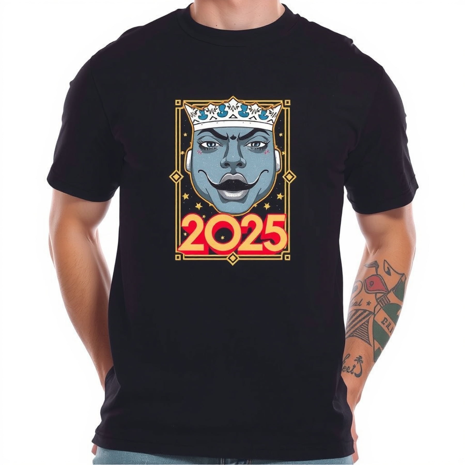 Stylized Blue-Skinned Crowned Face Black T-Shirt with Golden Art & 2025 ...