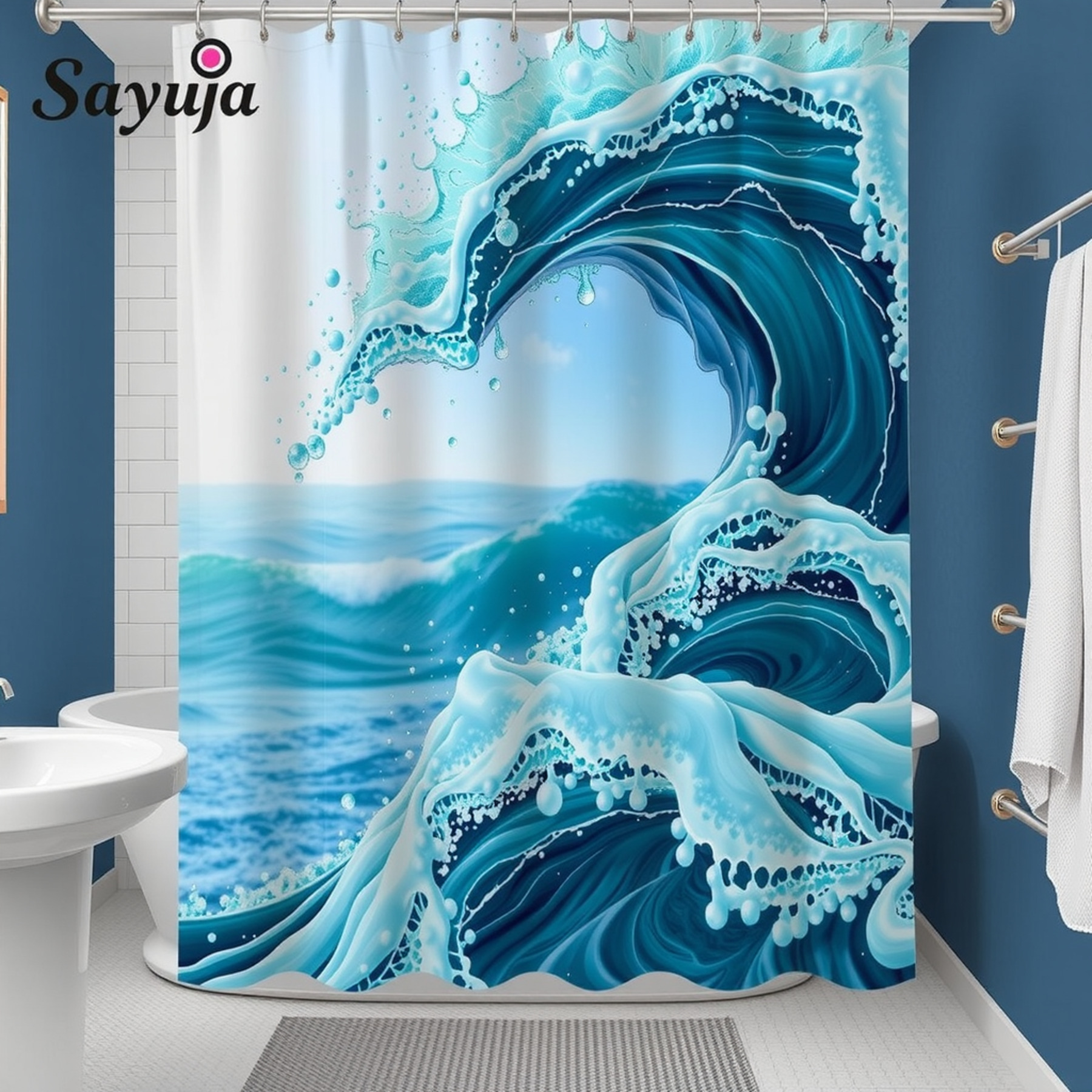 Stylized Blue Wave Shower Curtain - Ocean Design for Tranquil Bathrooms ...