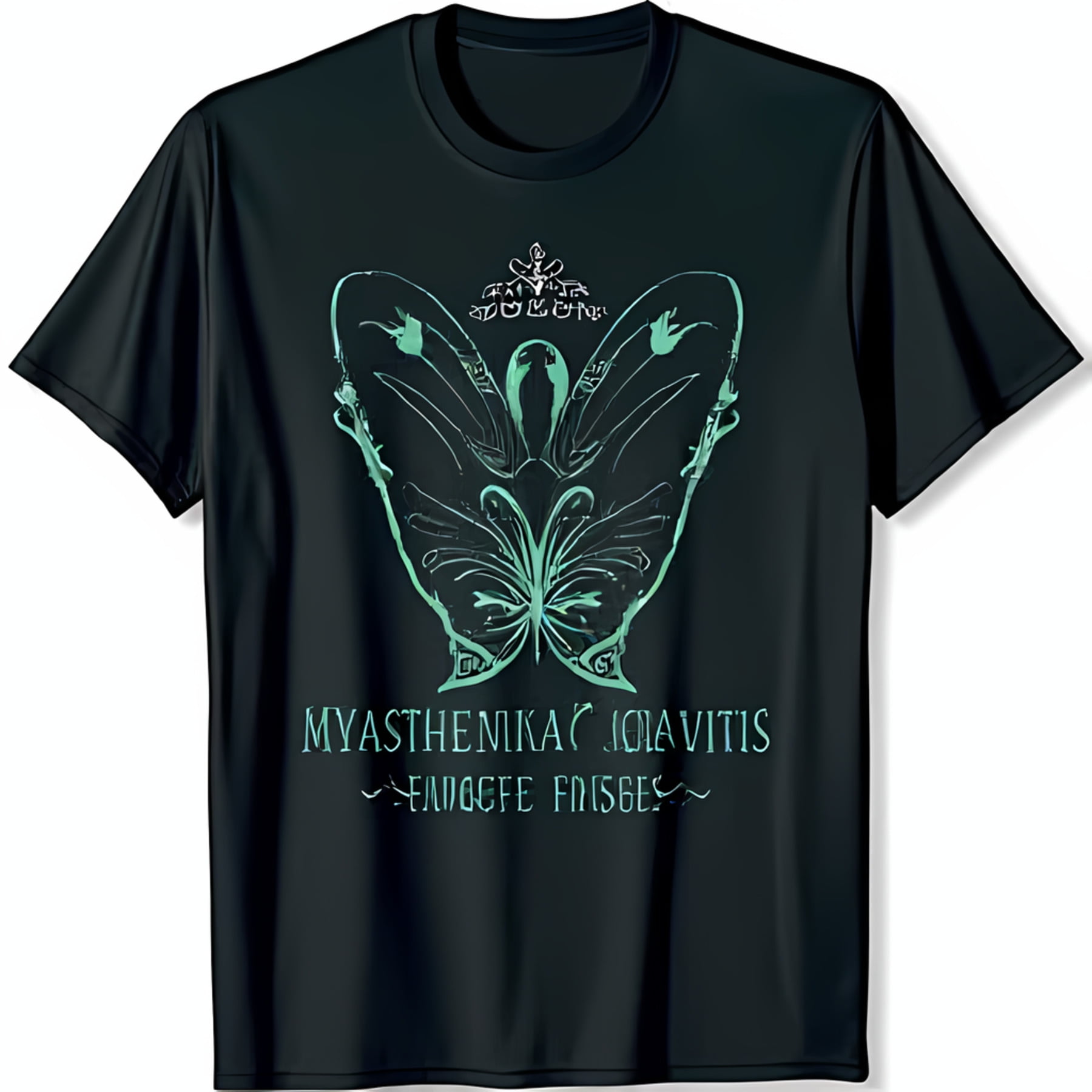 Stylized Butterfly Graphic Black T-Shirt with Crown & Myasthenika ...