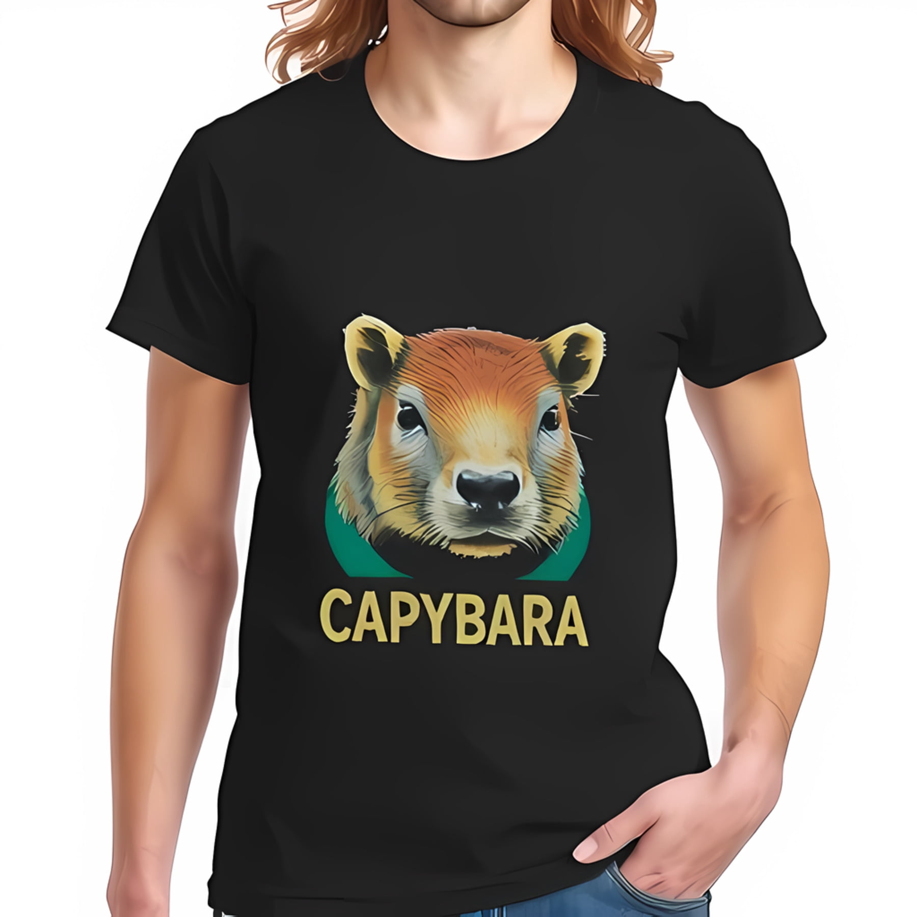 Stylized Capybara Face T-Shirt - Black Cotton Short Sleeve Tee with ...