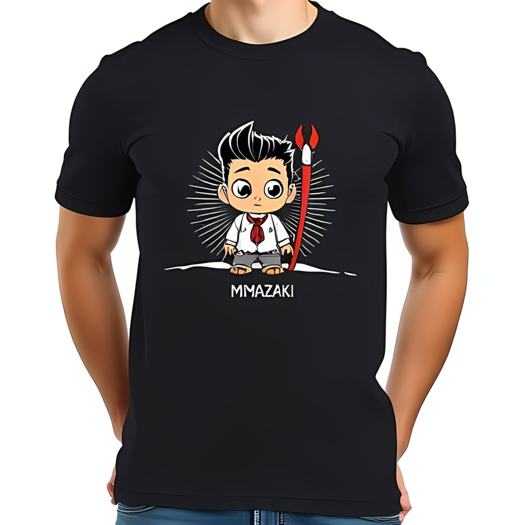 Stylized Cartoon Boy T-Shirt - Spiky Hair Large Eyes Red Tie Devilish ...