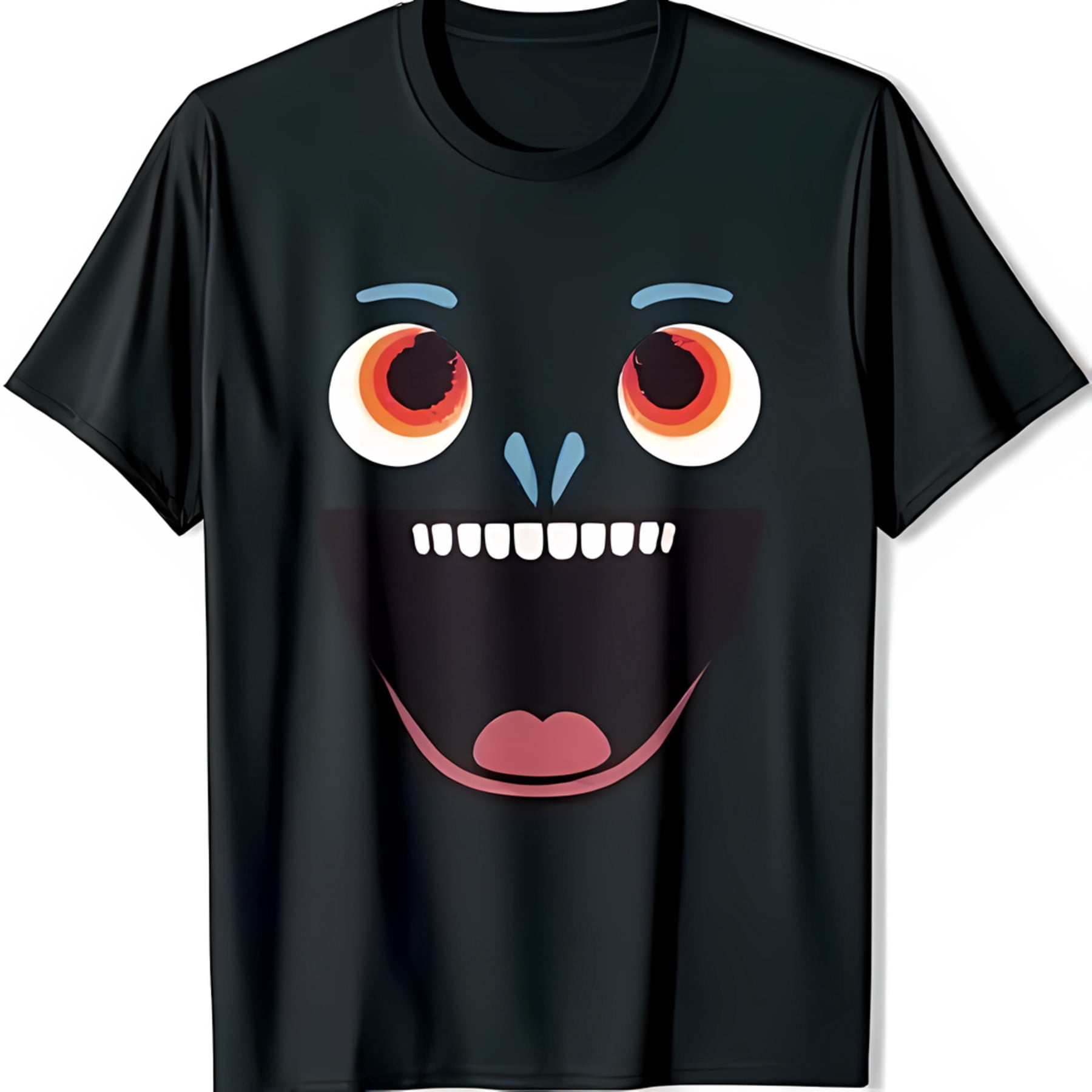 Stylized Cartoon Face Black T-Shirt with Expressive Eyes & Grinning ...