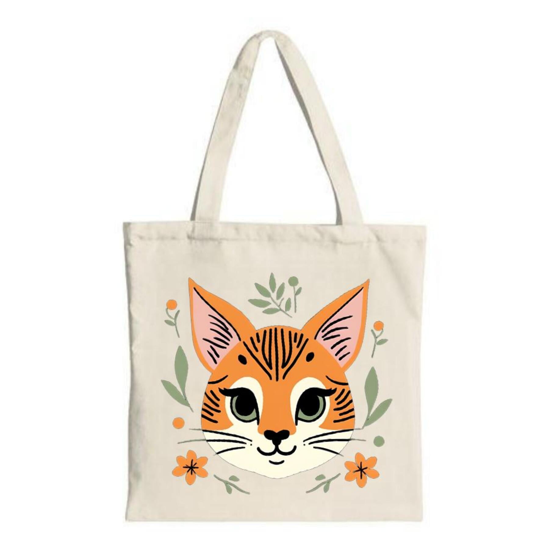 Stylized Cat Face Canvas Tote Bag with Expressive Eyes Surrounded by ...