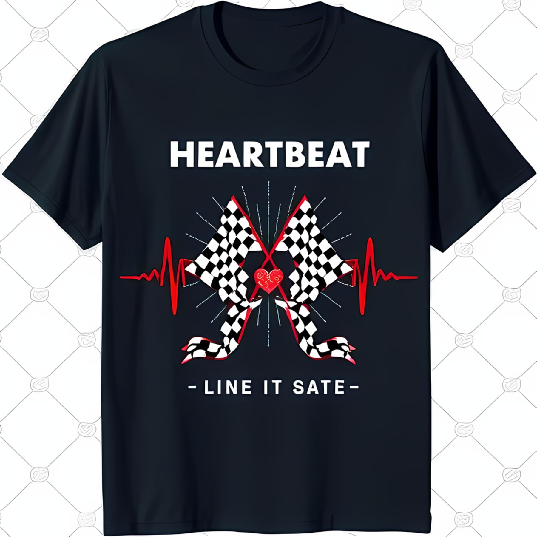 Stylized Checkered T-Shirt with Red Heart & EKG Line Heartbeat Design ...