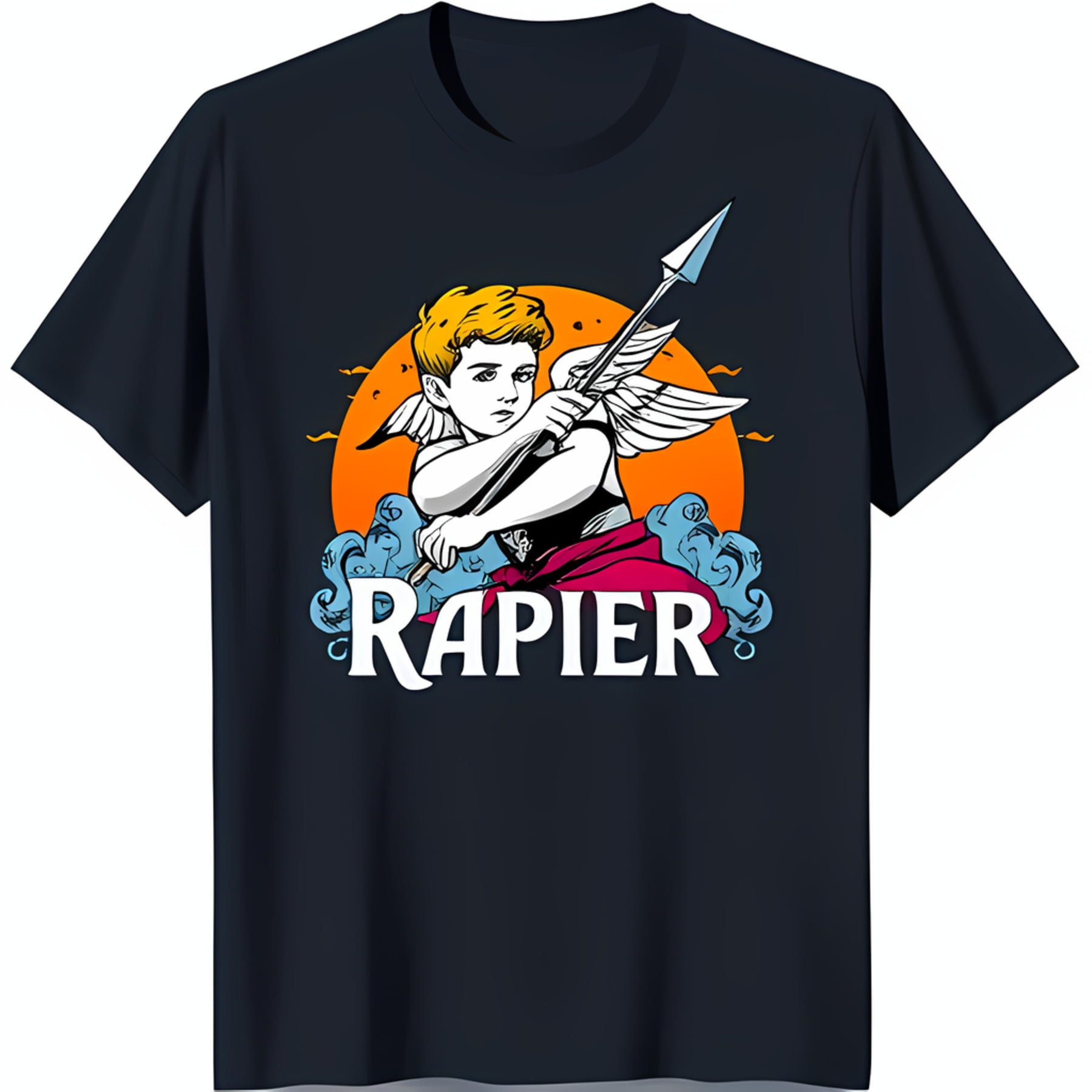 Stylized Cherub with Rapier Graphic on Black T-Shirt Bold Sunset Design ...